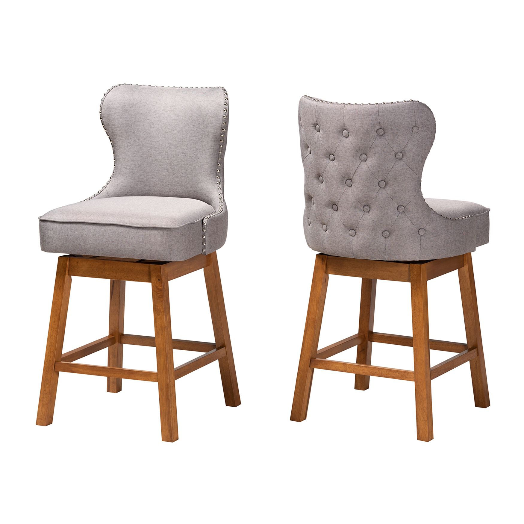 Gradisca 2-Piece Swivel Counter Stools, Button-Tufted, Grey Walnut ...
