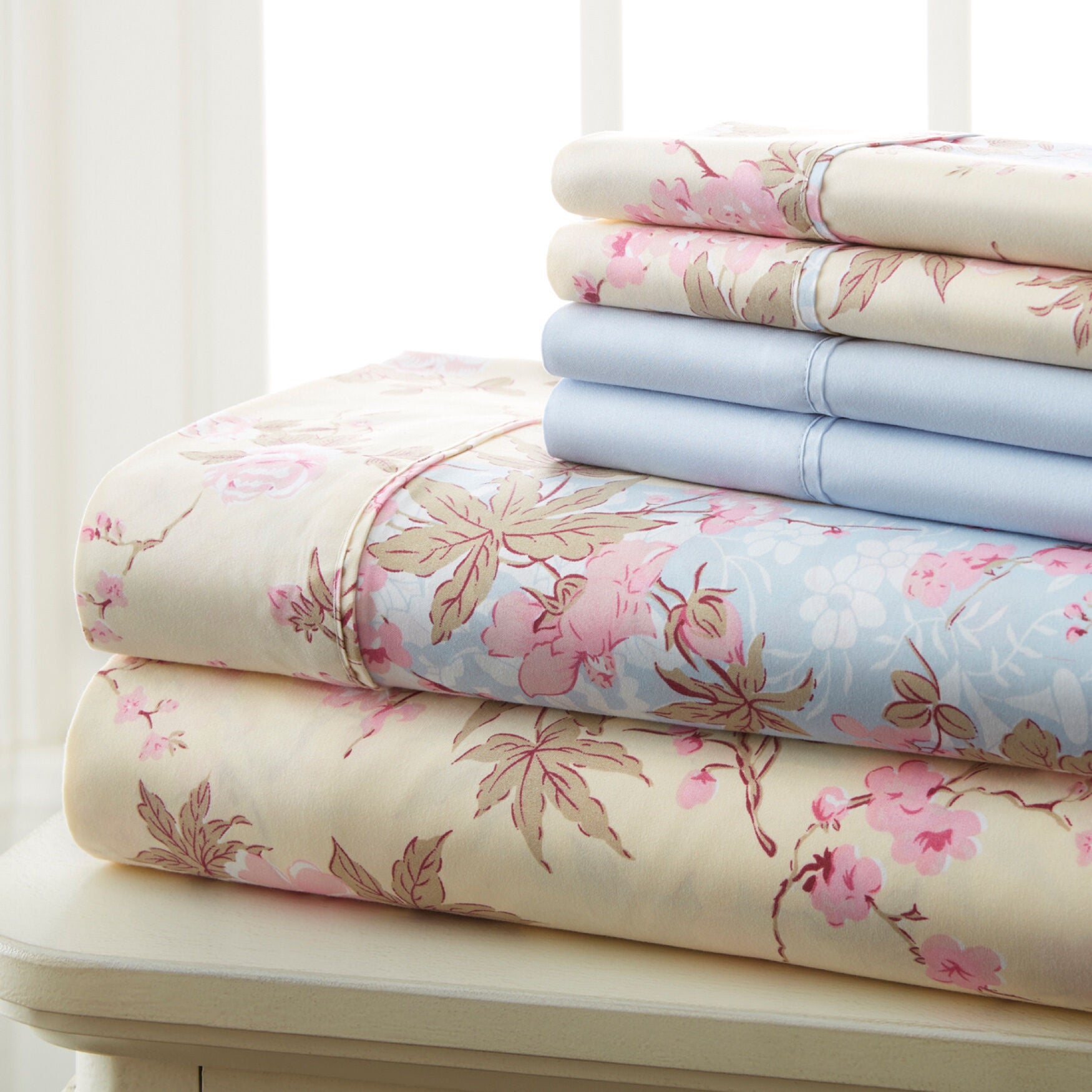 Traditional Floral Sheet Set - 6-Piece Microfiber, Beige Floral | Woman ...