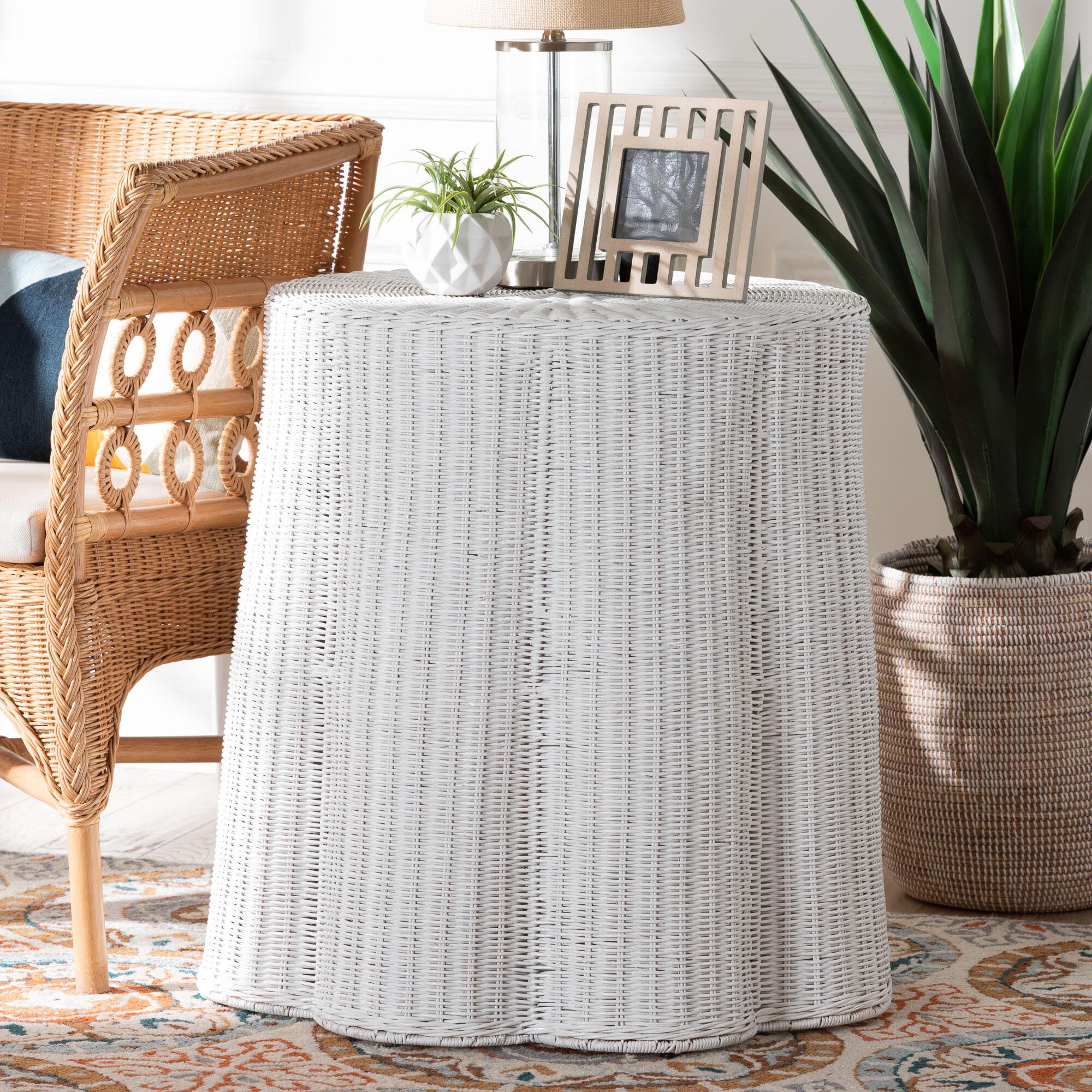Palm Bohemian White Scallop Rattan Console Table | Woman Within
