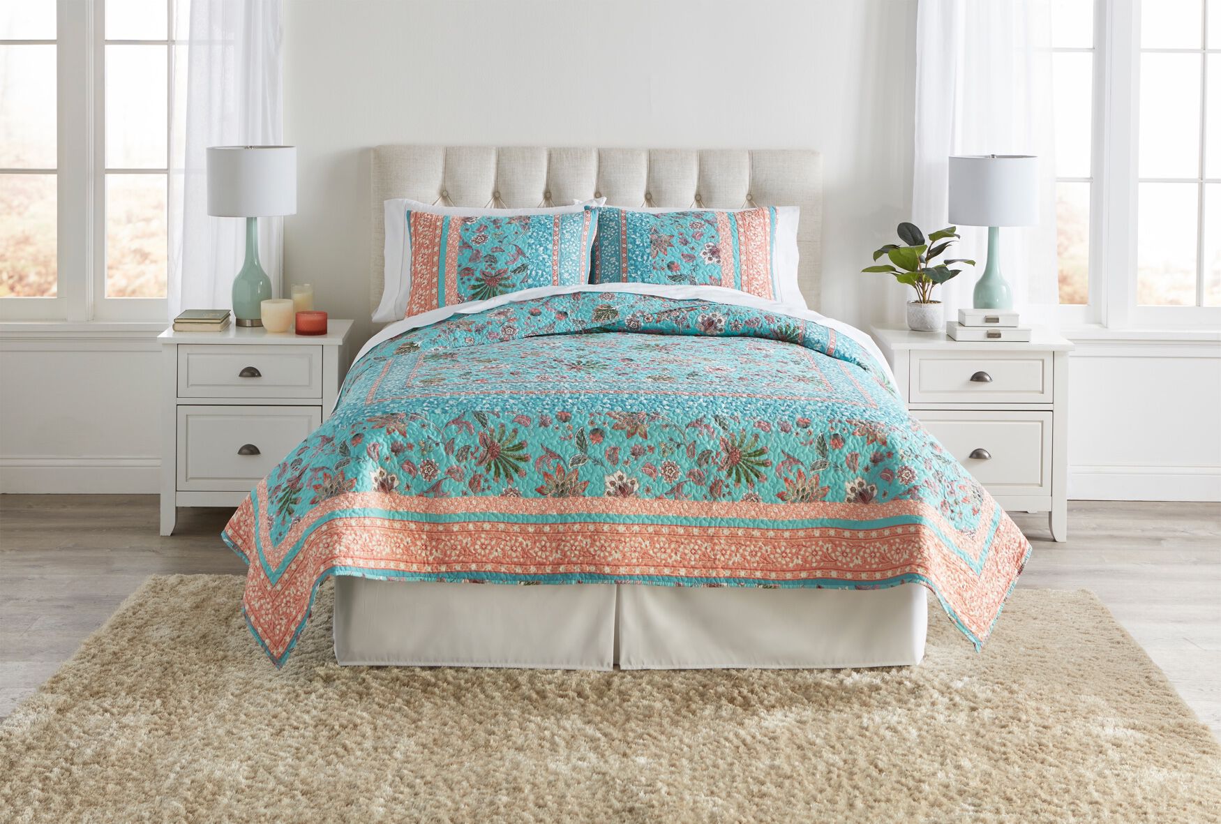 Boho Jacobean 3-PC Quilt Set - Reversible Bedding, Turquoise | Woman Within