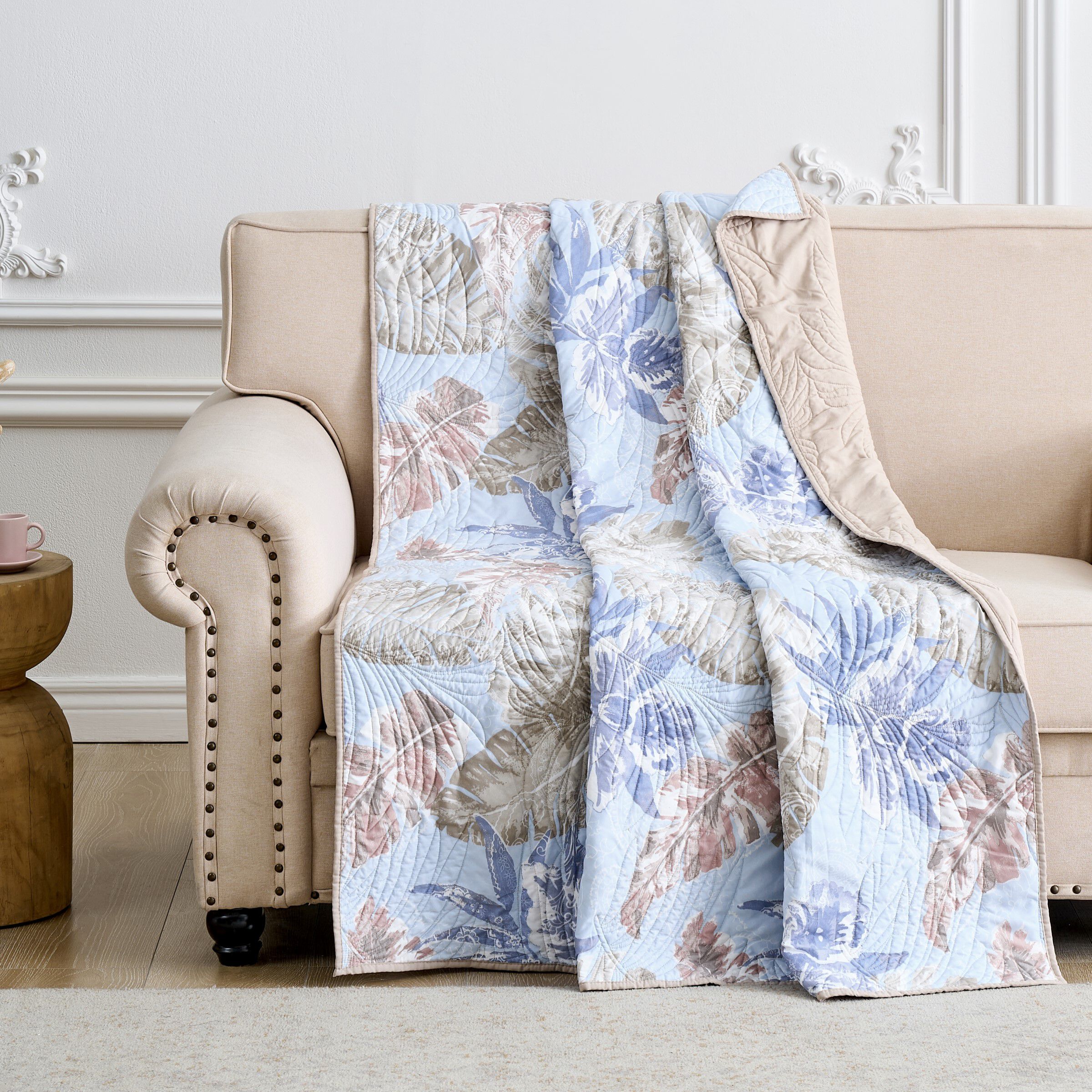 Tropics Mist Palm Leaf Quilted Throw Blanket, Mist | Woman Within