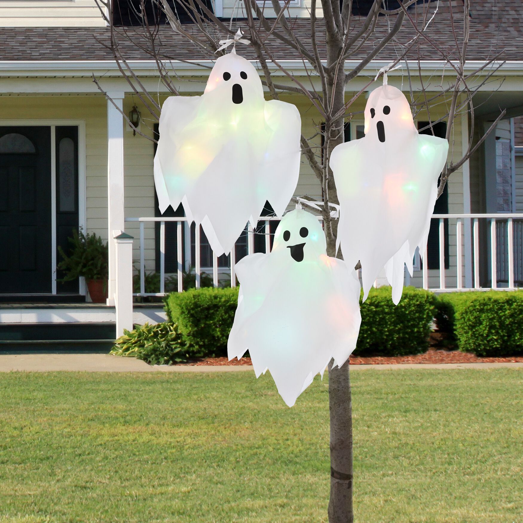 Pre-Lit Hanging Ghosts Set with LED Lights, White | Woman Within
