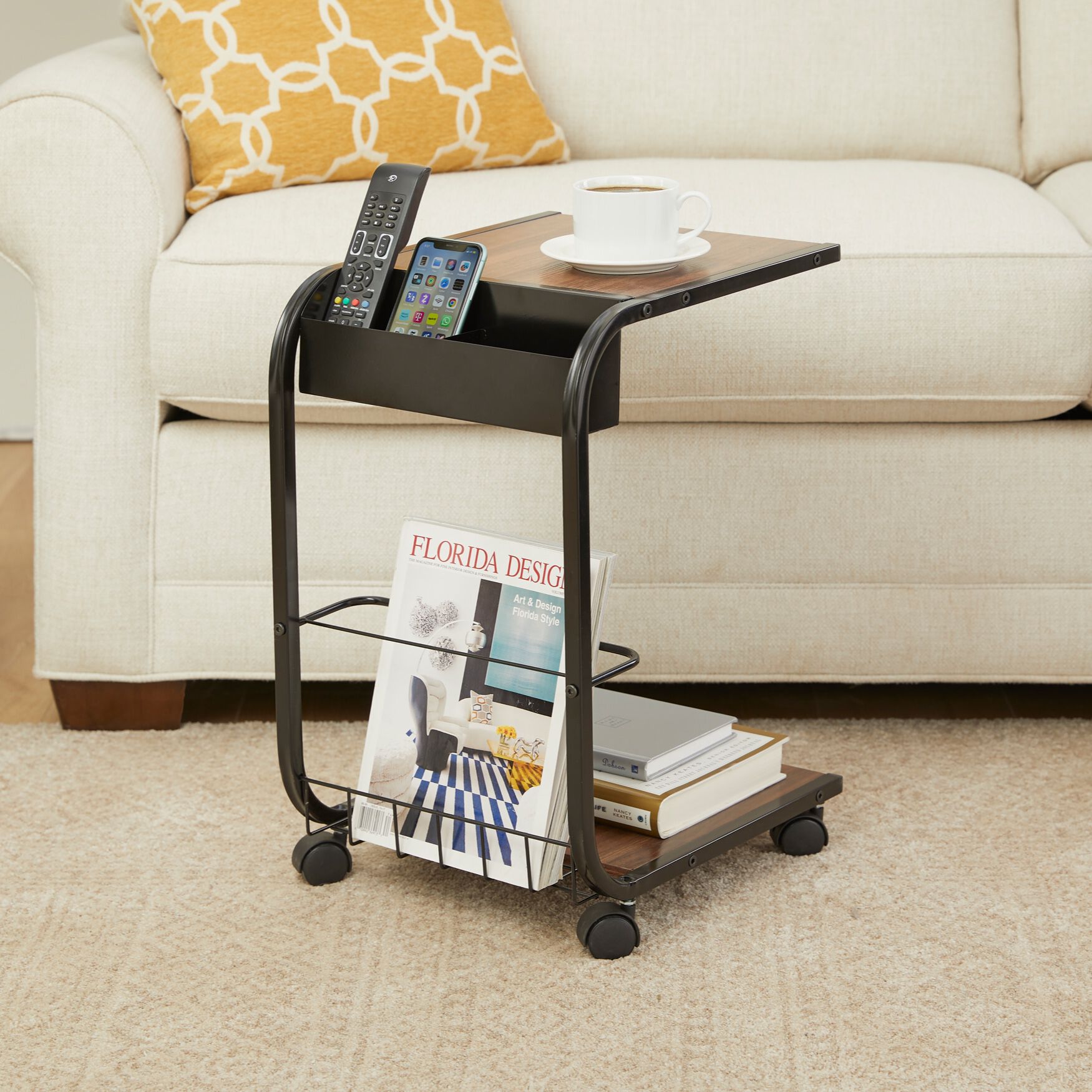 Versatile Rolling Side Table with Organizer, Black | Woman Within