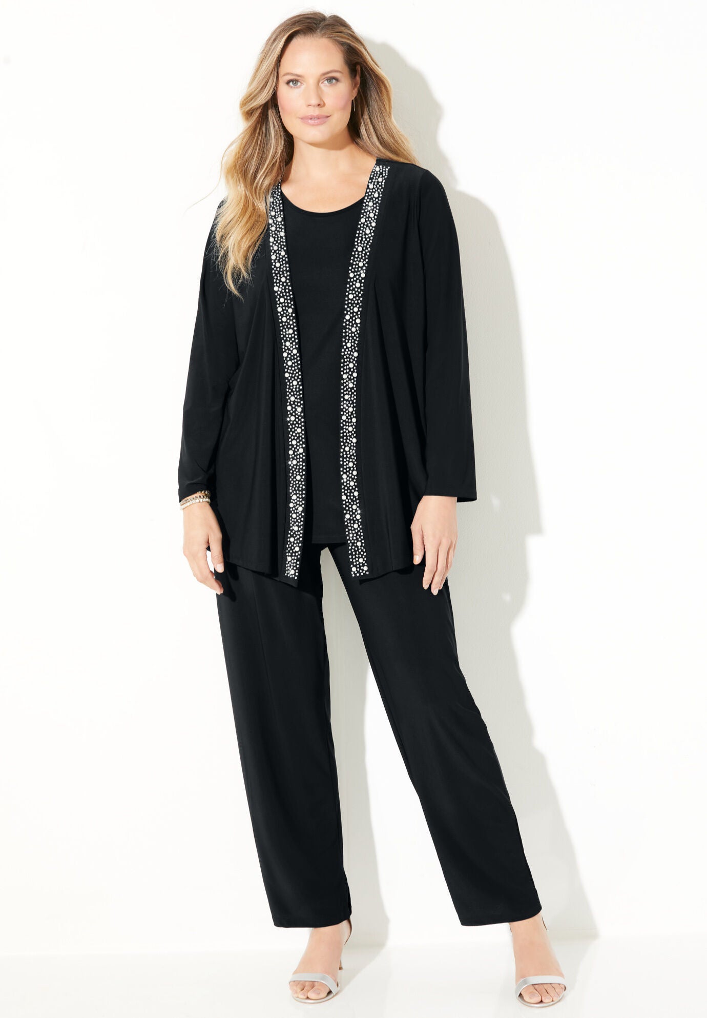 Beaded Trim 3-Piece Jacket Pant Set | Woman Within