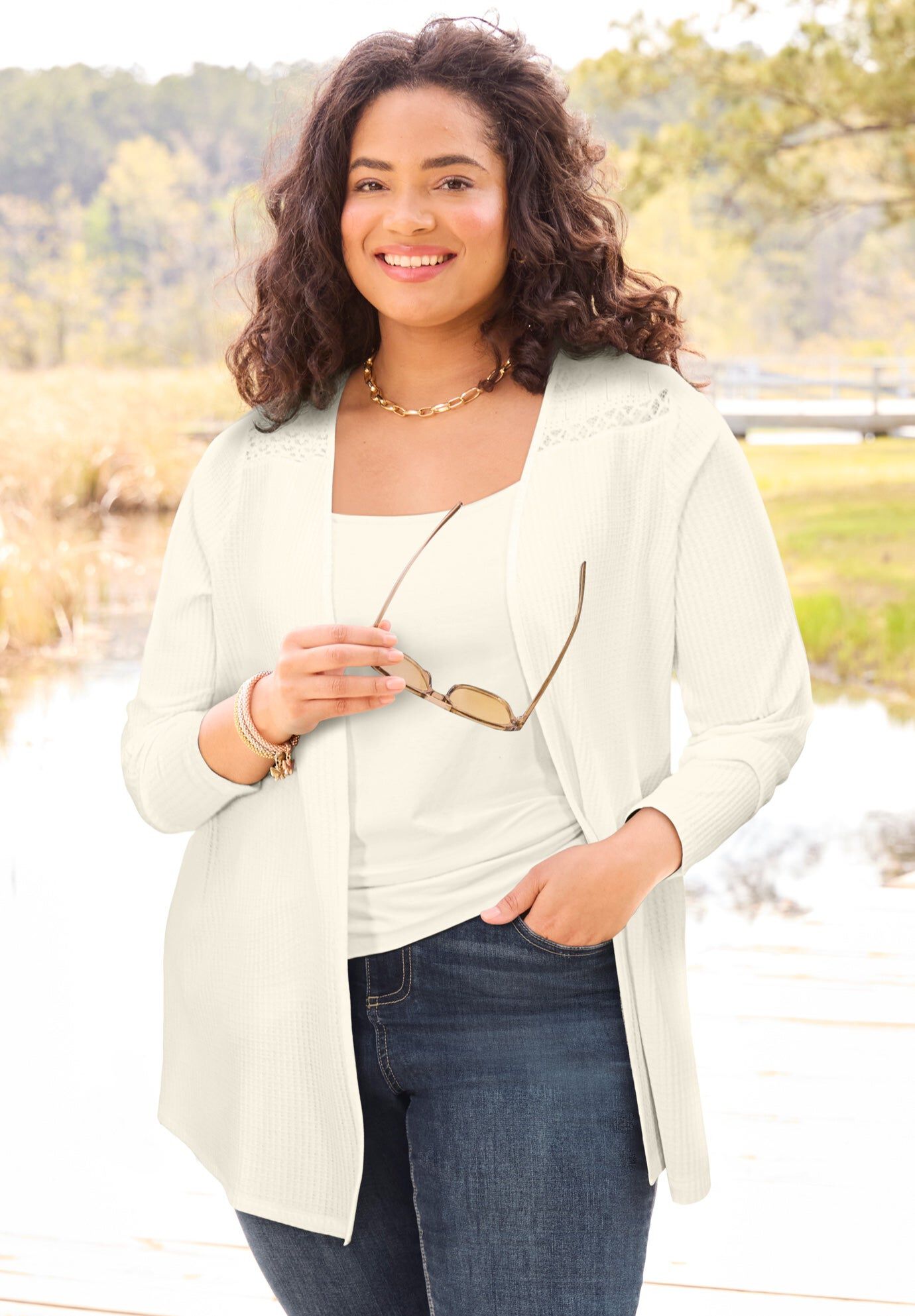 Waffle Knit Lace Back Cardigan | Woman Within
