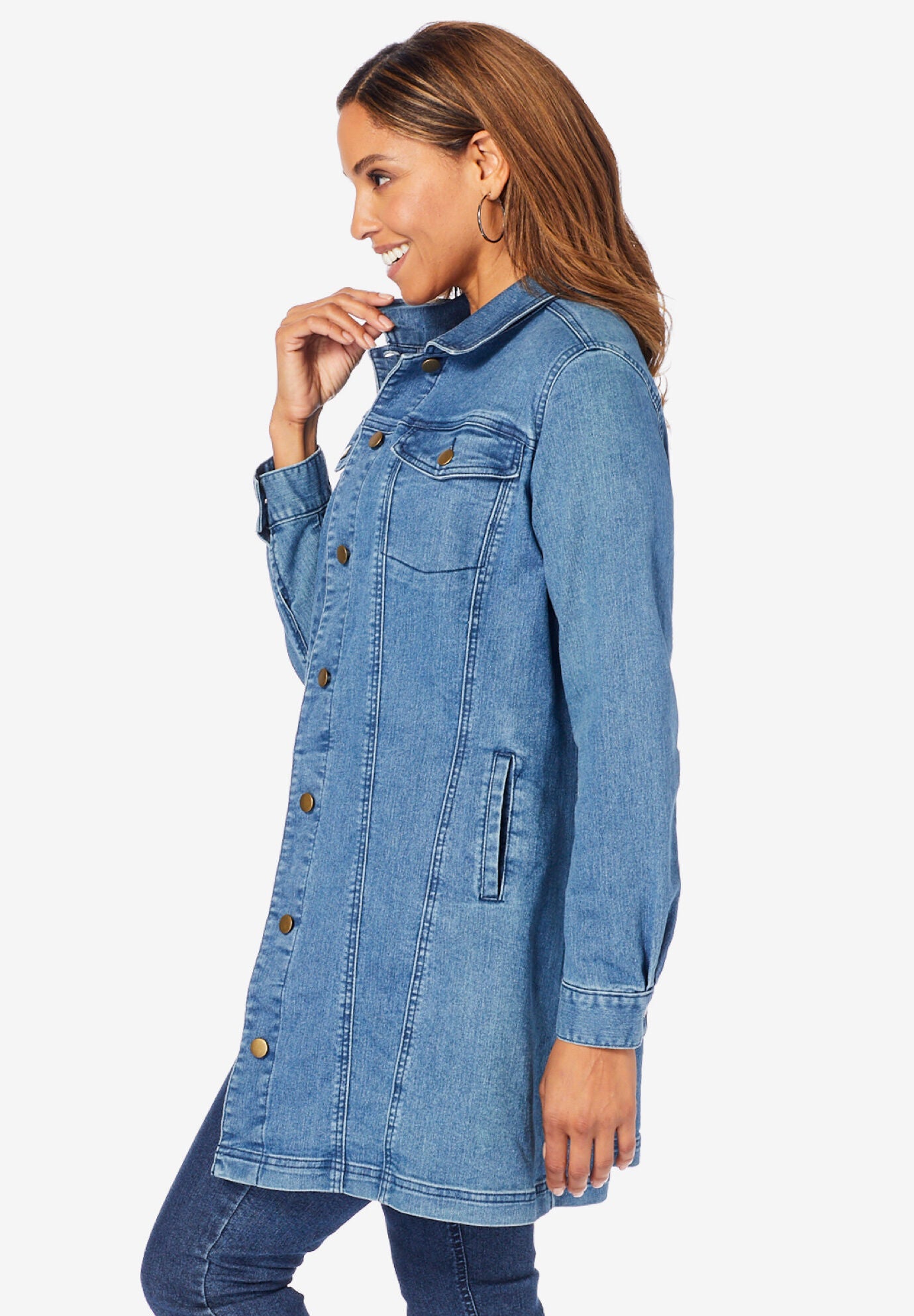 Long Denim Jacket for Women - Classic Style, Medium Stonewash | Woman ...