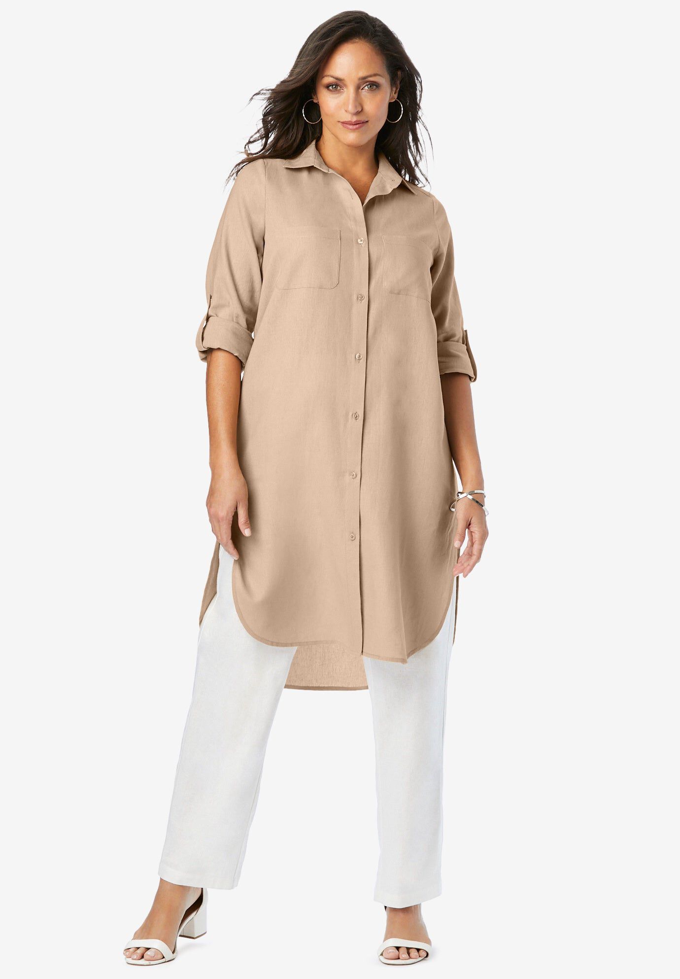 Linen Mega Tunic with 3/4 Roll-Tab Sleeves, New Khaki | Woman Within