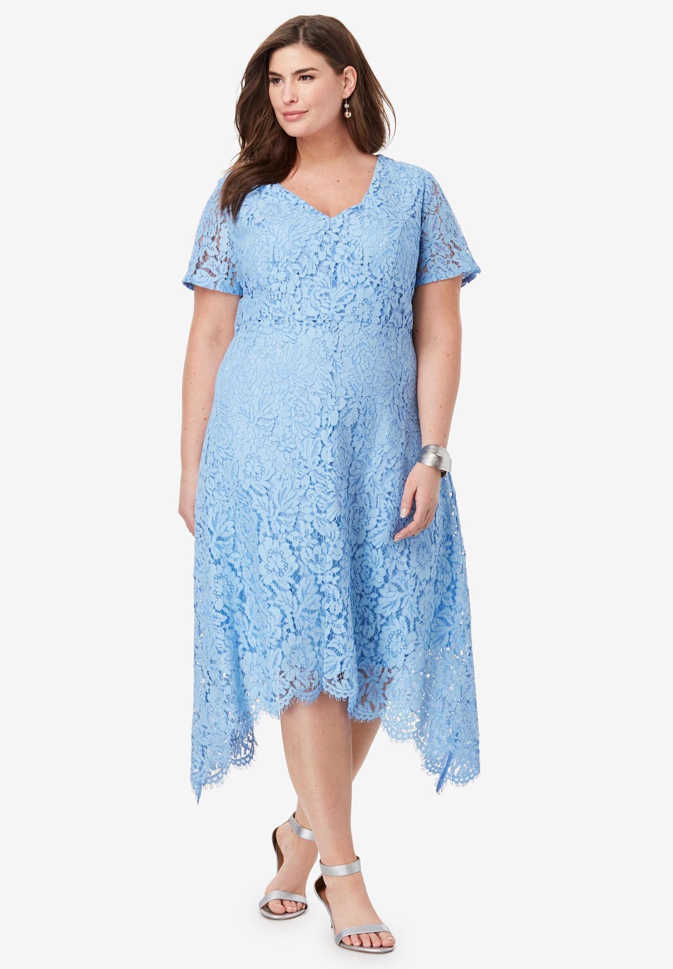 Lace Handkerchief Dress - A-Line V-Neck Design, White | Woman Within