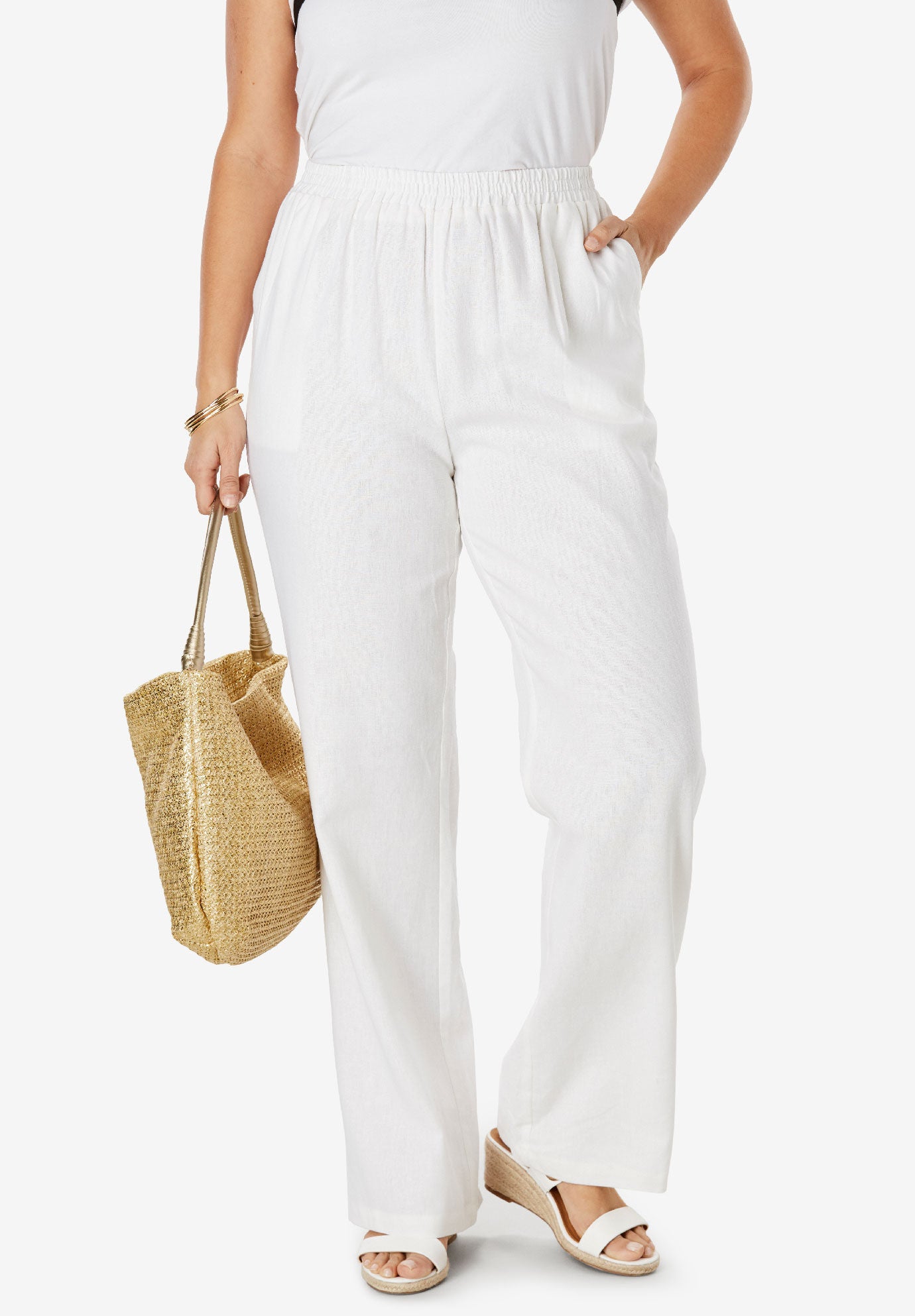 Lightweight Straight-Leg Linen Blend Pants, Black | Woman Within