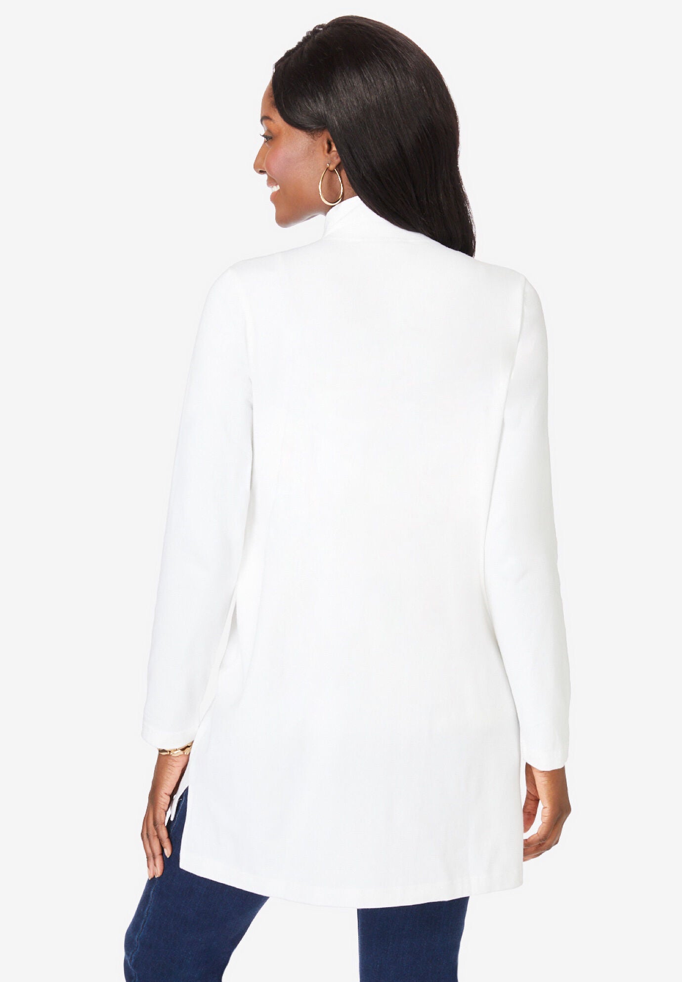 Stretch Cotton Hi-Low Zip Front Jacket, Black | Woman Within