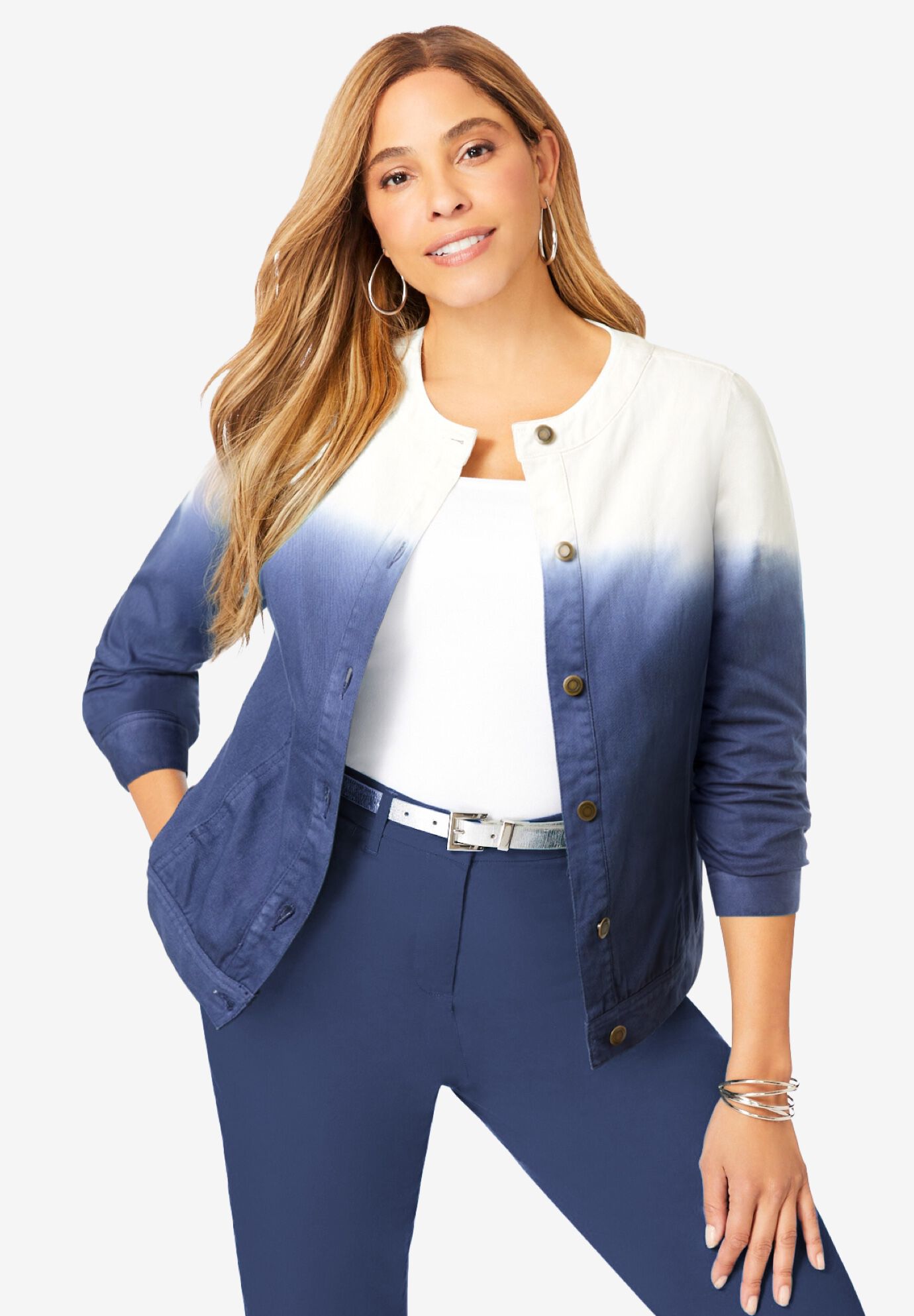 Collarless Denim Jacket - Plus Size 12W to 28W, Navy Ombre | Woman Within