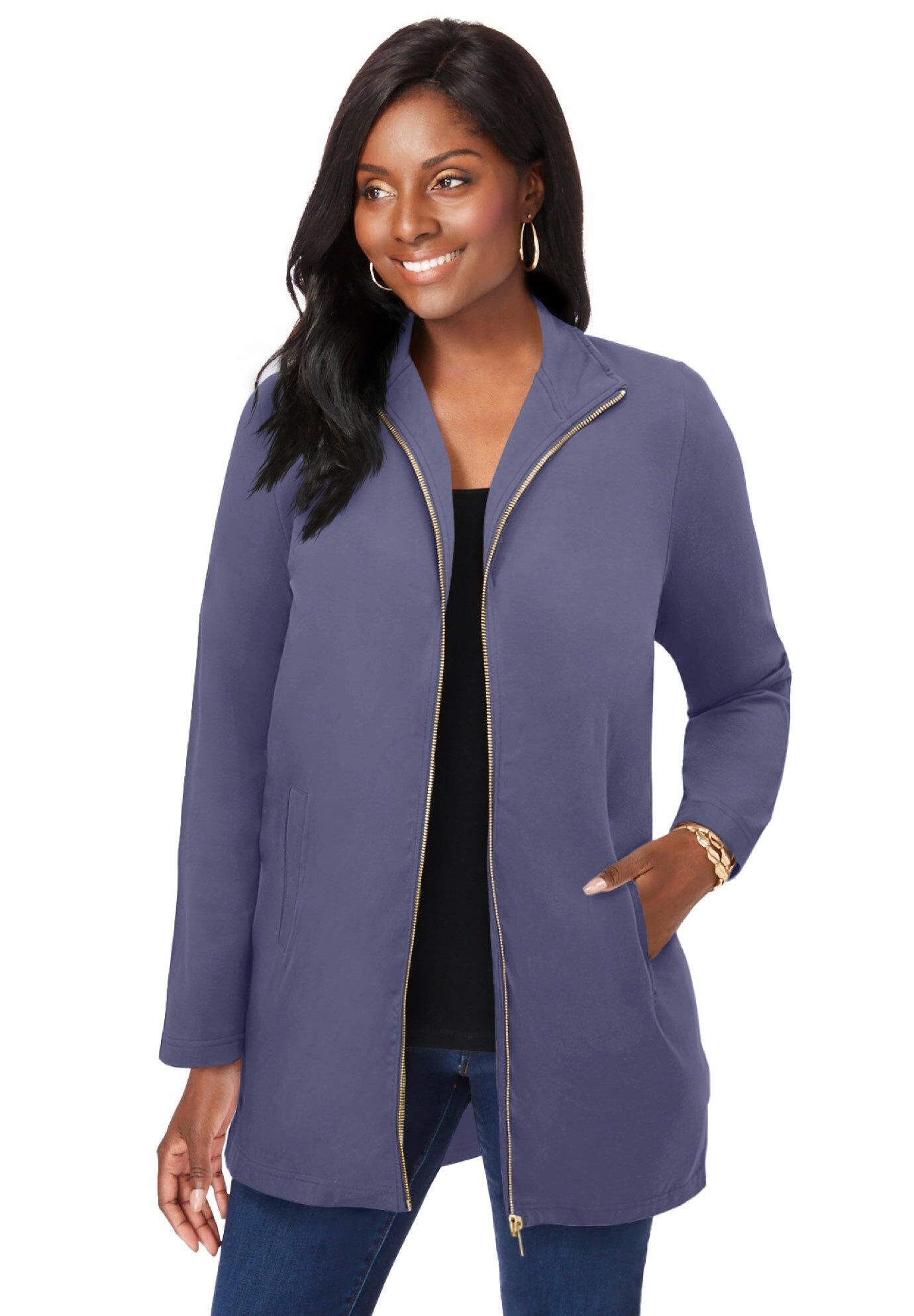 Stretch Cotton Hi-Low Zip Front Jacket, Soft Camel Glen Plaid | Woman ...