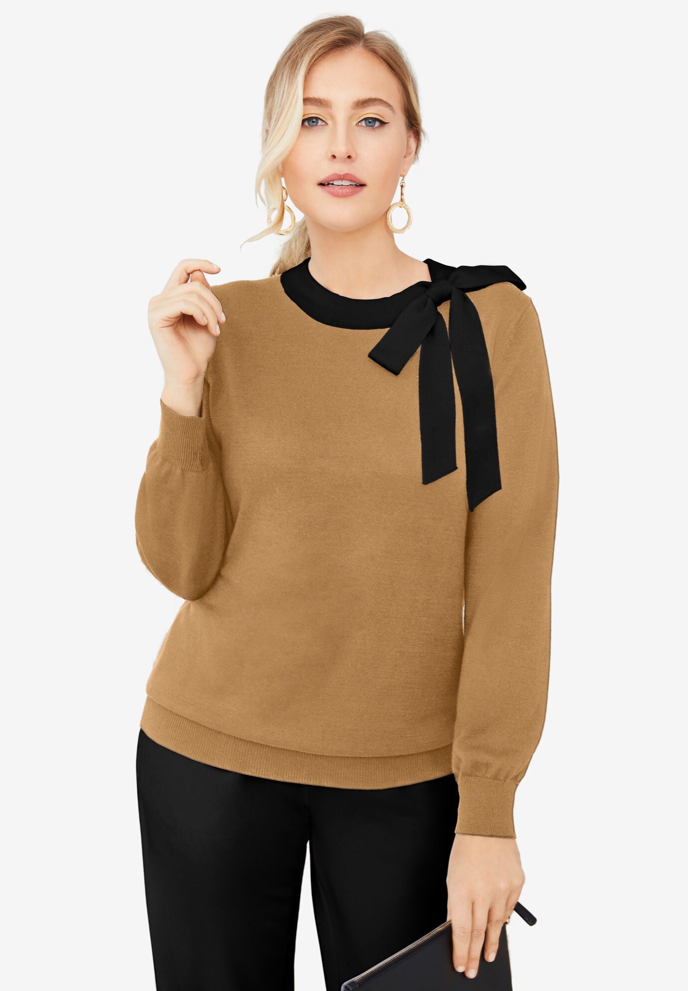Tie-Neck Sweater - Delicate Bow-Detail, Soft Camel | Woman Within