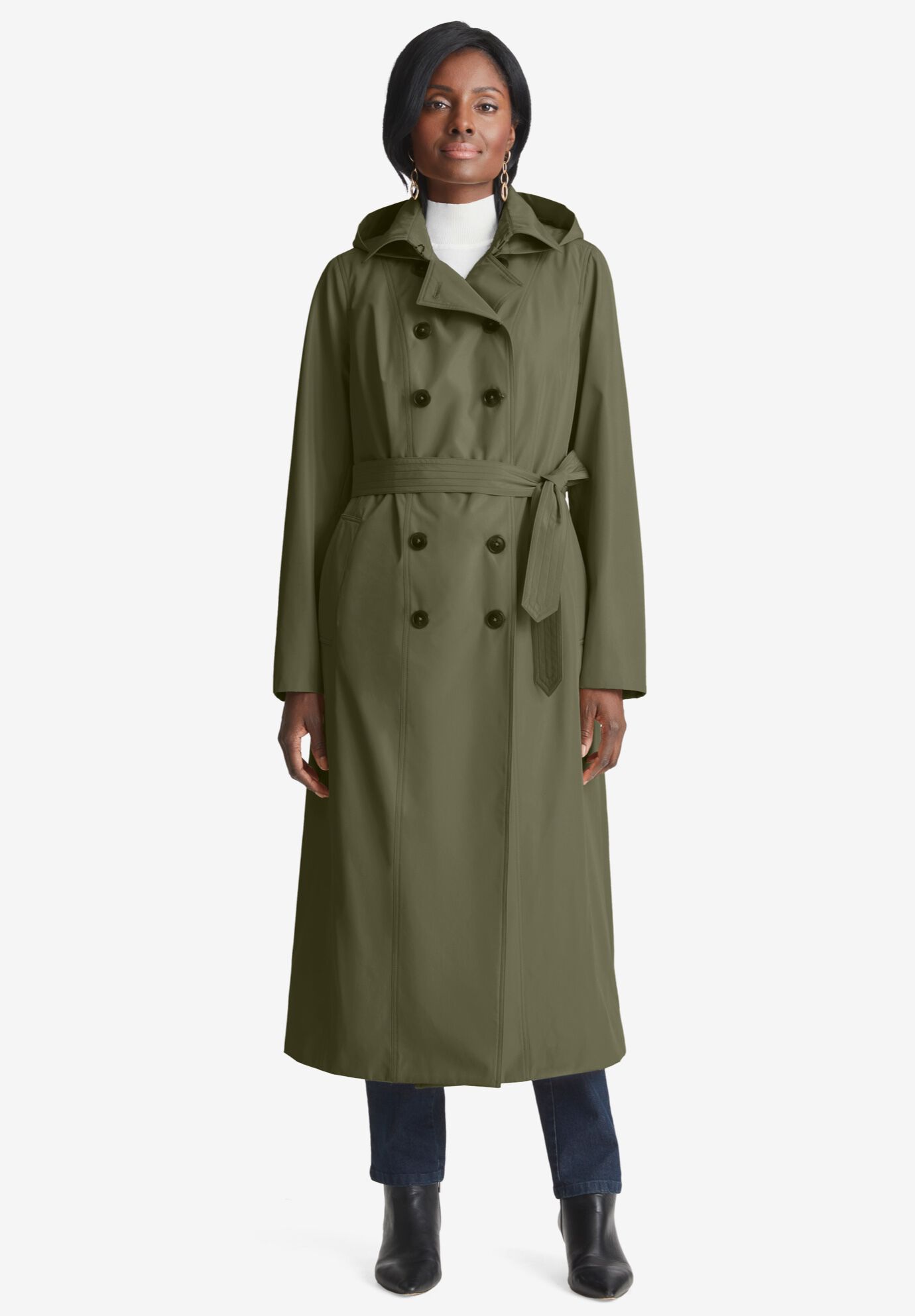 Double Breasted Long Trench Coat for Women, Dark Olive Green | Woman Within