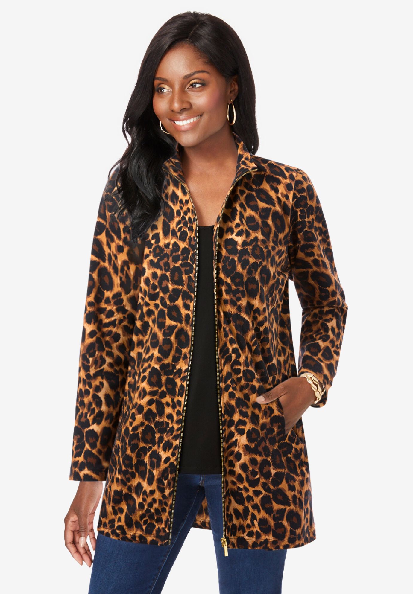 Stretch Cotton Hi-Low Zip Front Jacket, Black | Woman Within