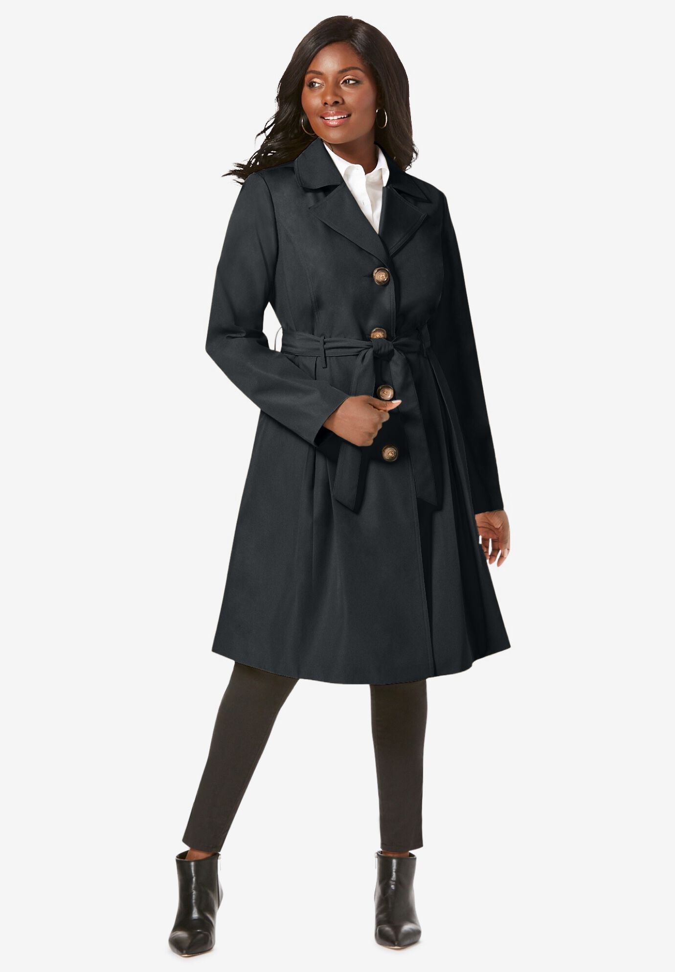 Plus Size Pleated Trench Coat, Black | Woman Within