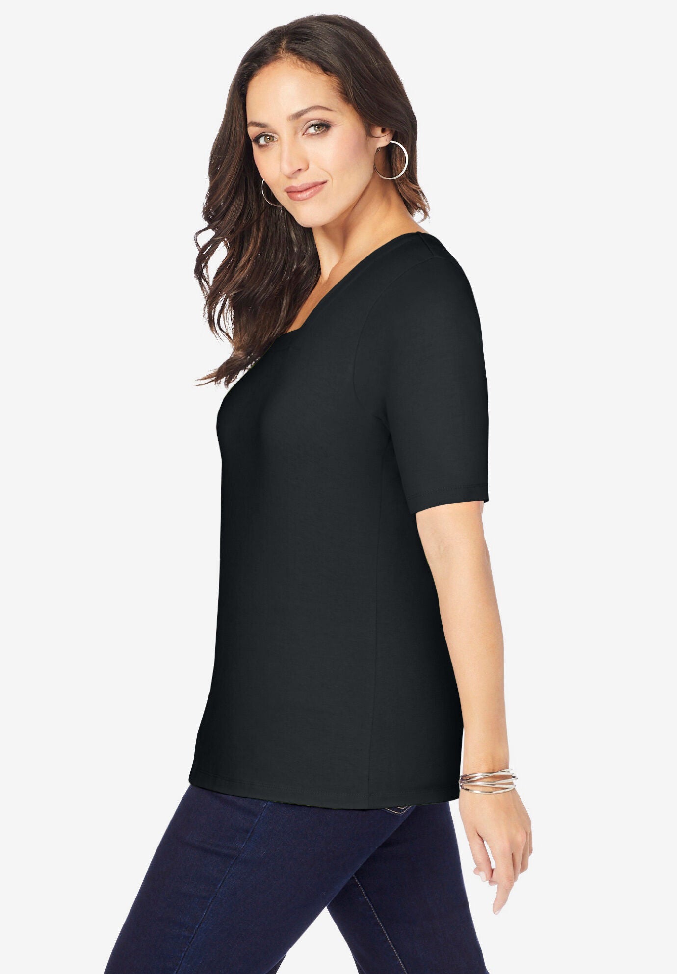 Stretch Cotton Square Neck Tee | Woman Within