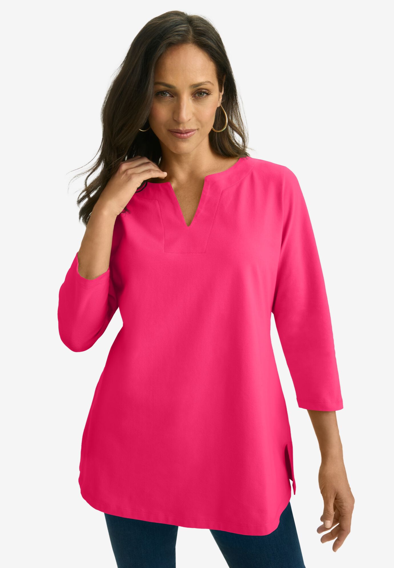 Notch Neck Tunic with Side Slit - 30" Length, Pink Burst | Woman Within