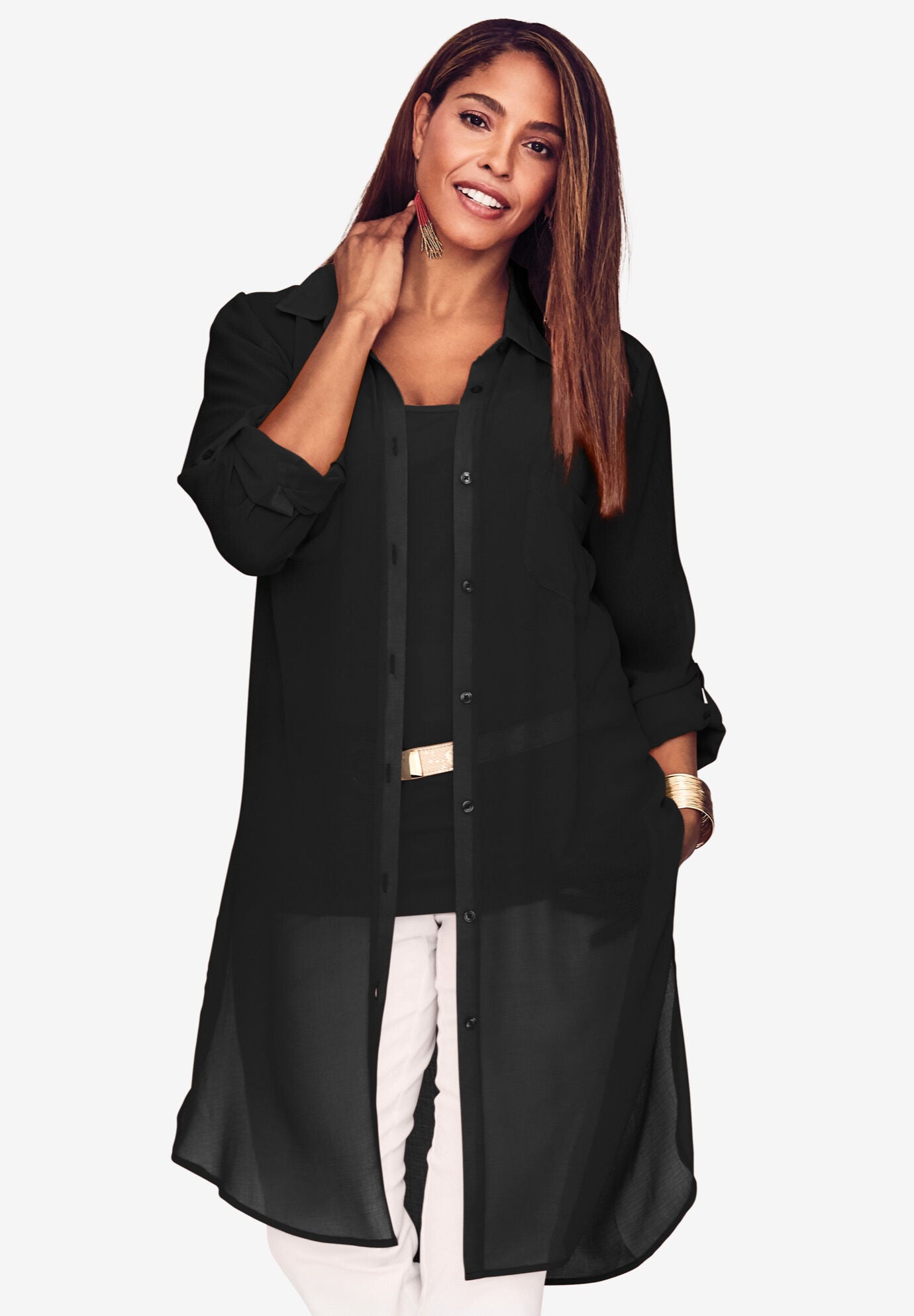 Long Sheer Georgette Mega Tunic, Black | Woman Within