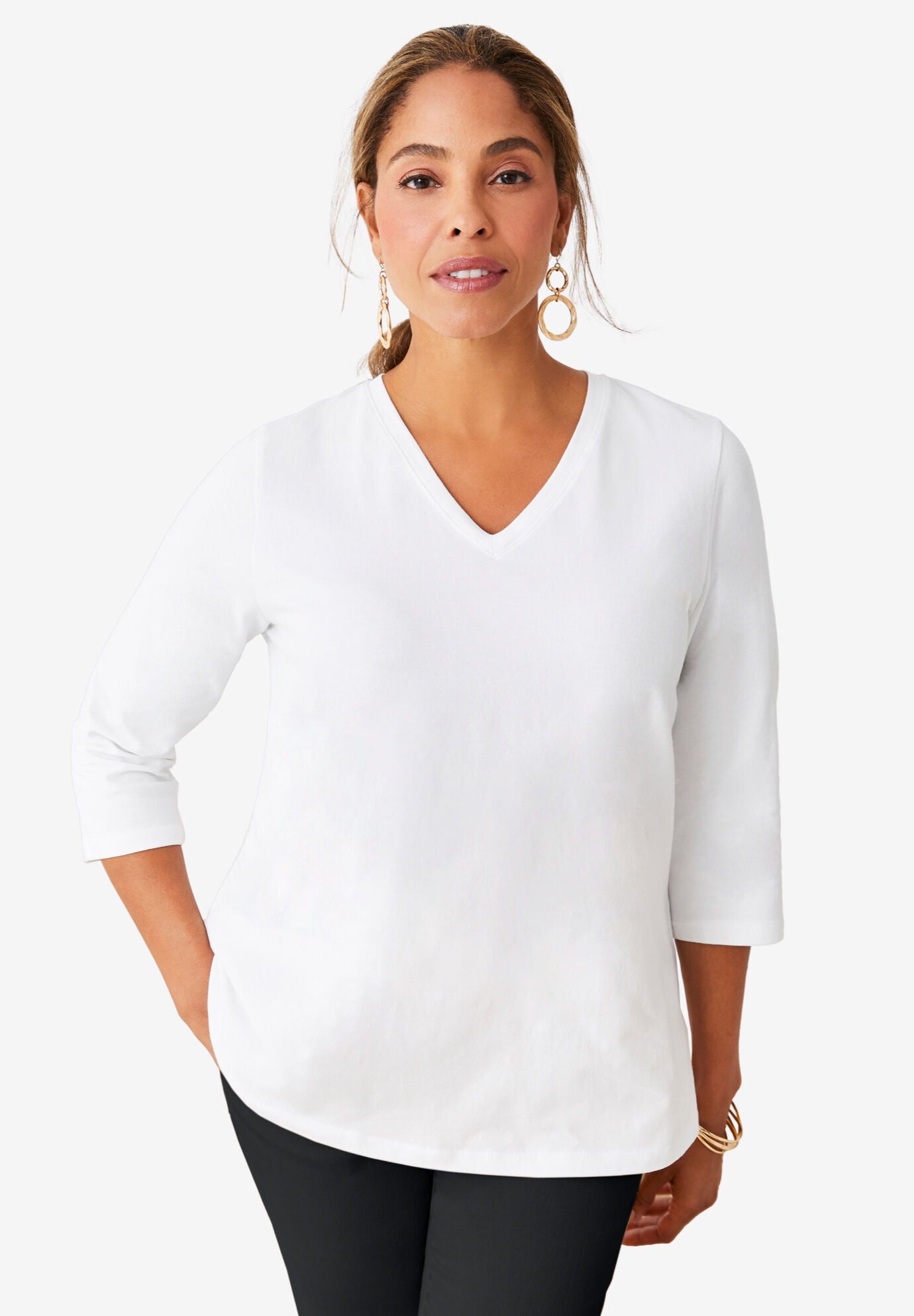 Stretch Cotton V-Neck Tee - Soft Stretch Fabric, White | Woman Within