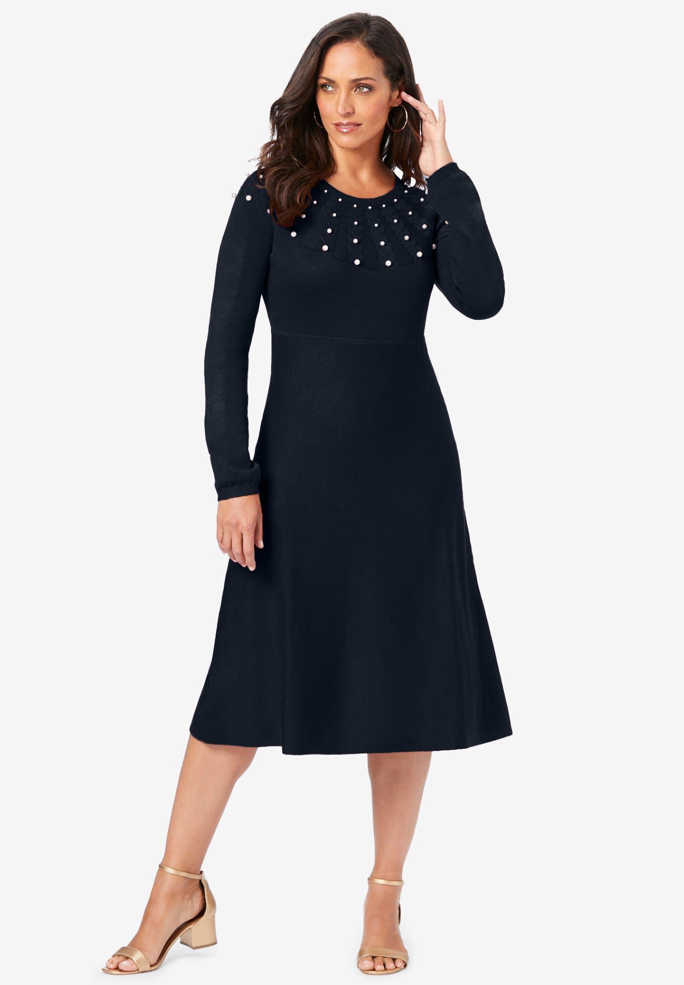 Pearl Yoke Sweater Dress - Shift Silhouette Holiday, Black | Woman Within