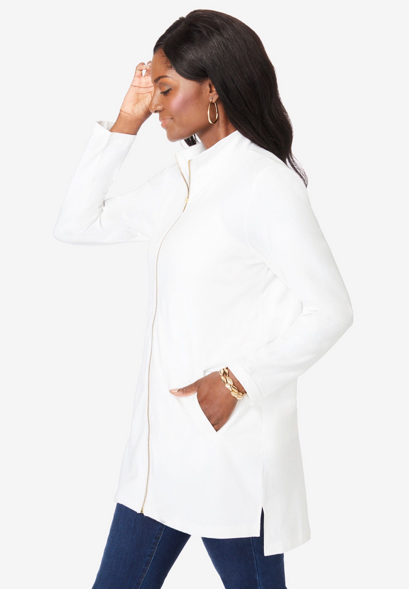 Stretch Cotton Hi-Low Zip Front Jacket, White | Woman Within