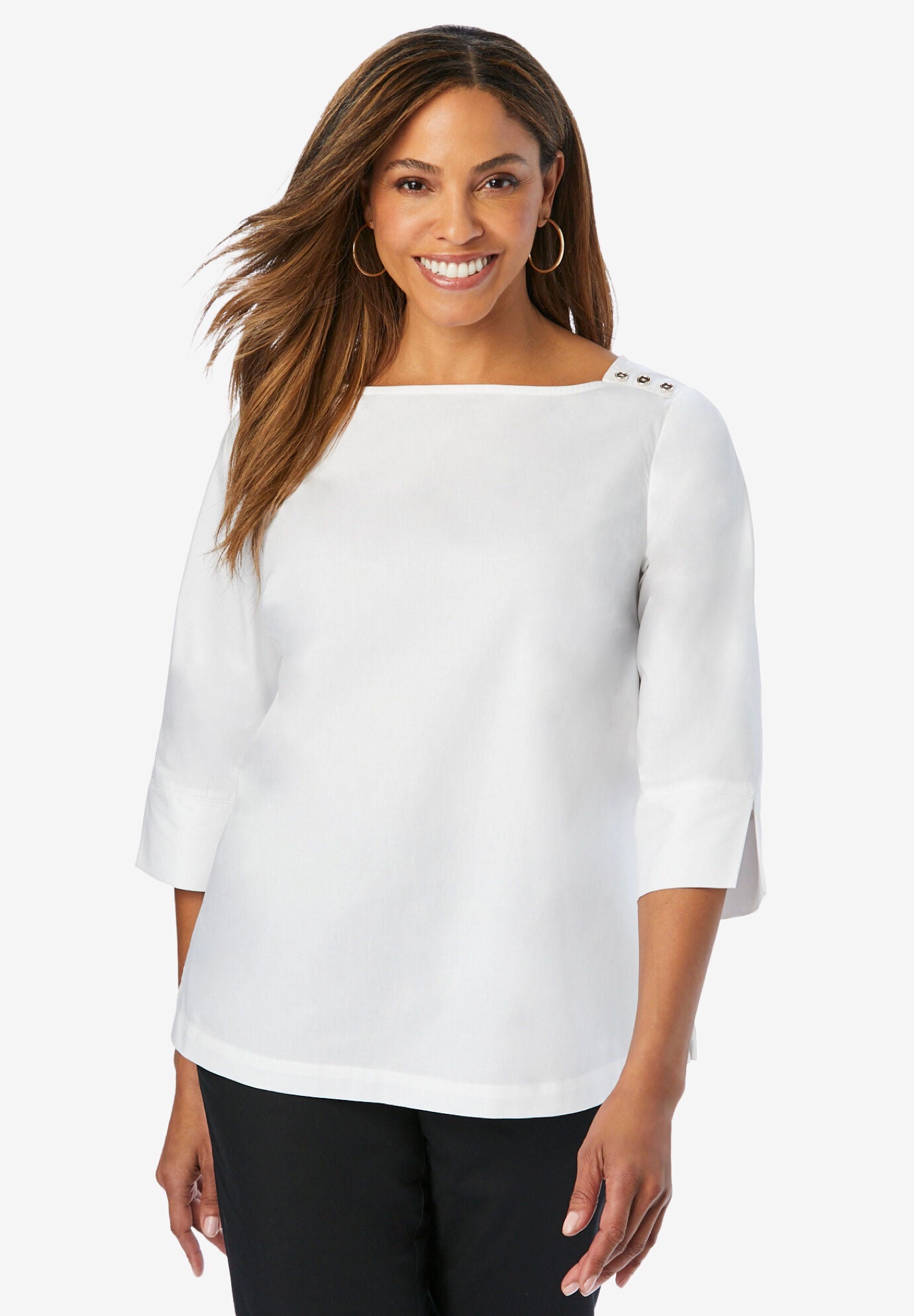 Button Boatneck Tunic - Stretch Poplin Top, White | Woman Within
