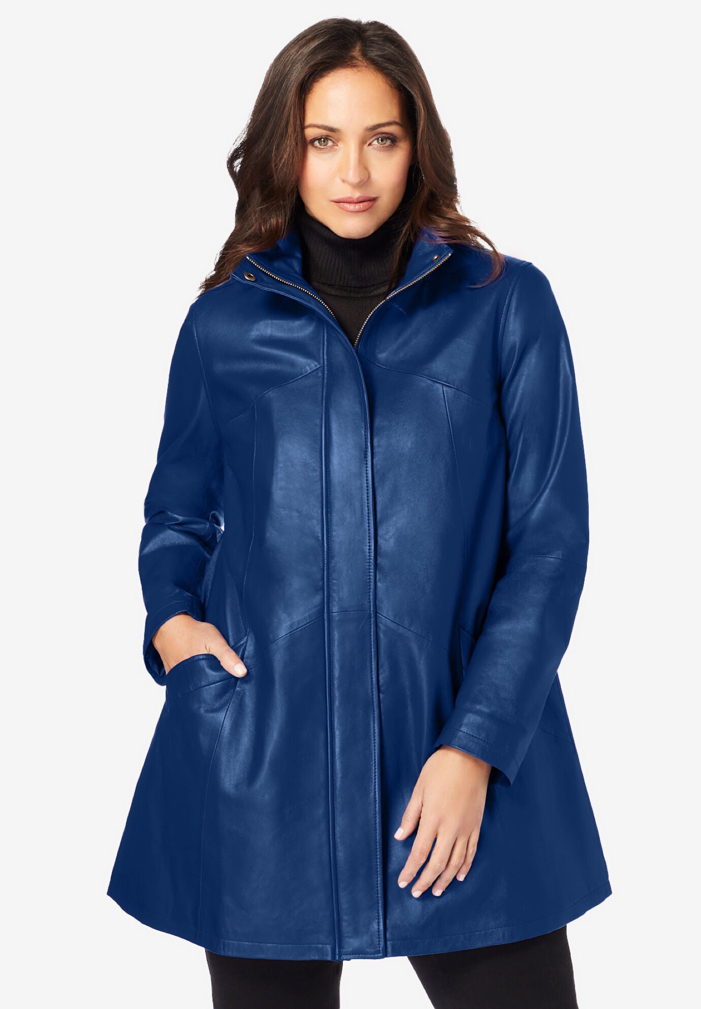A-Line Zip Front Leather Jacket for Women, Evening Blue | Woman Within