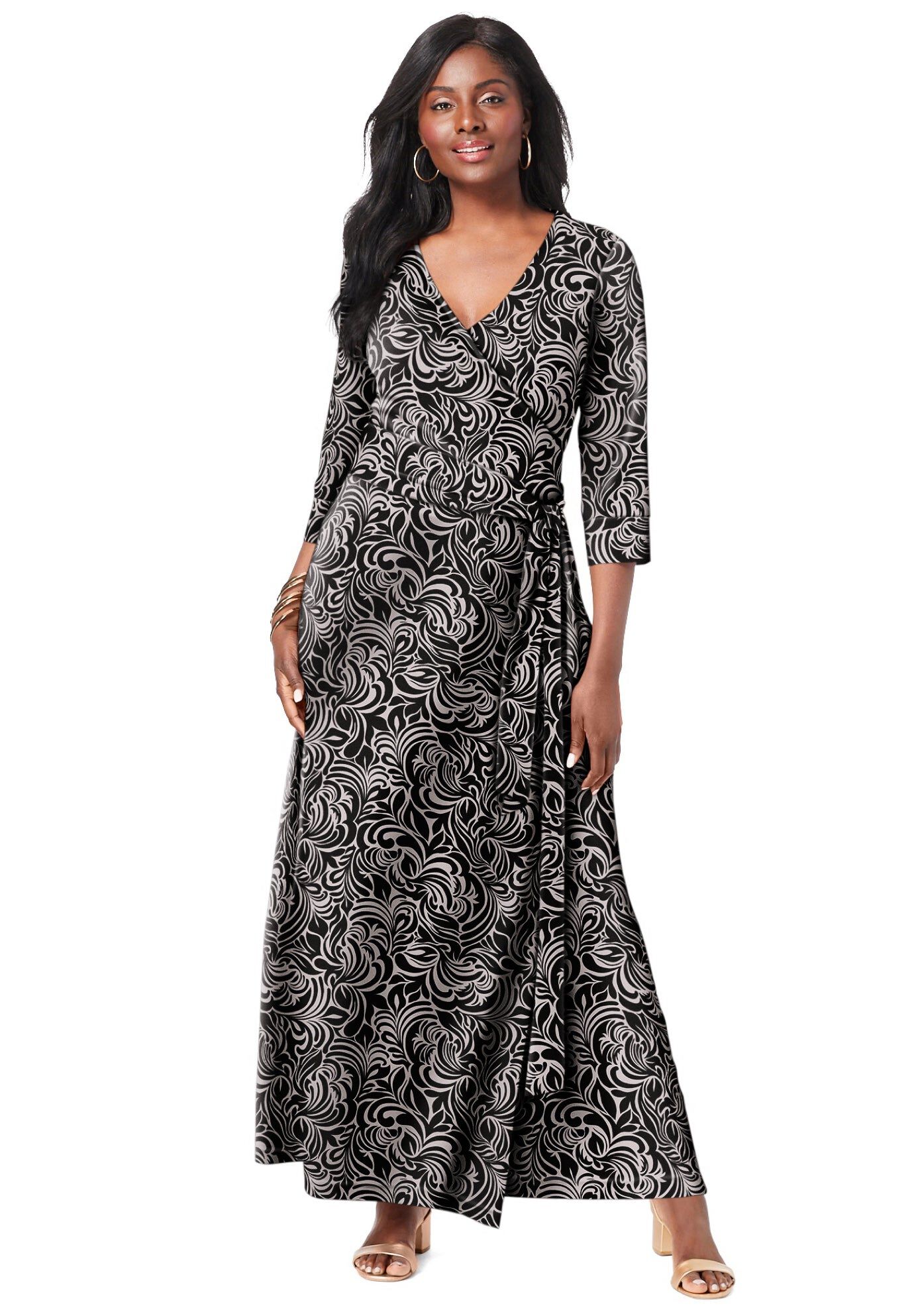 Stretch Knit Faux Wrap Maxi Dress, Khaki Scroll | Woman Within
