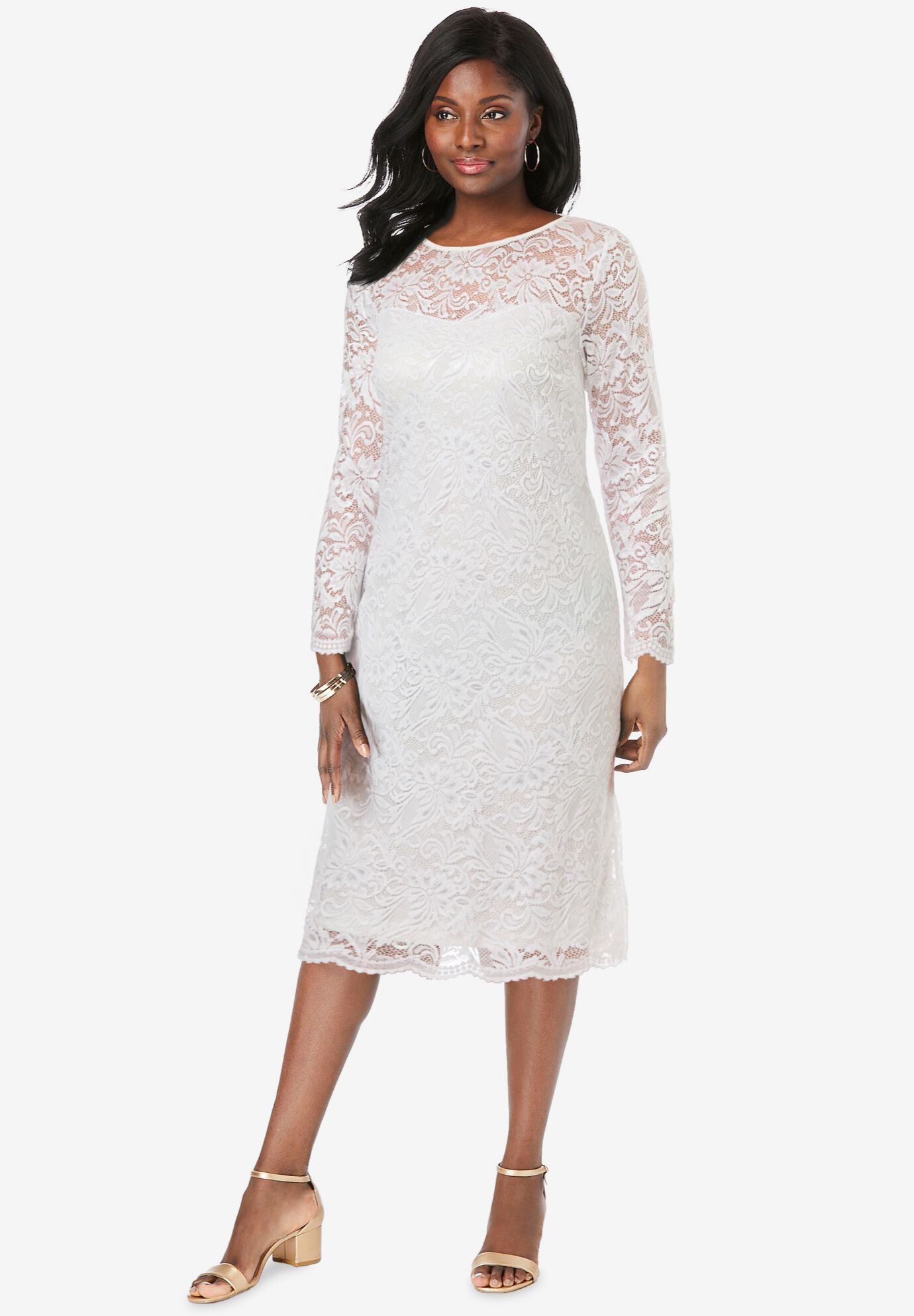 Elegant Lace Layers Shift Dress, White | Woman Within