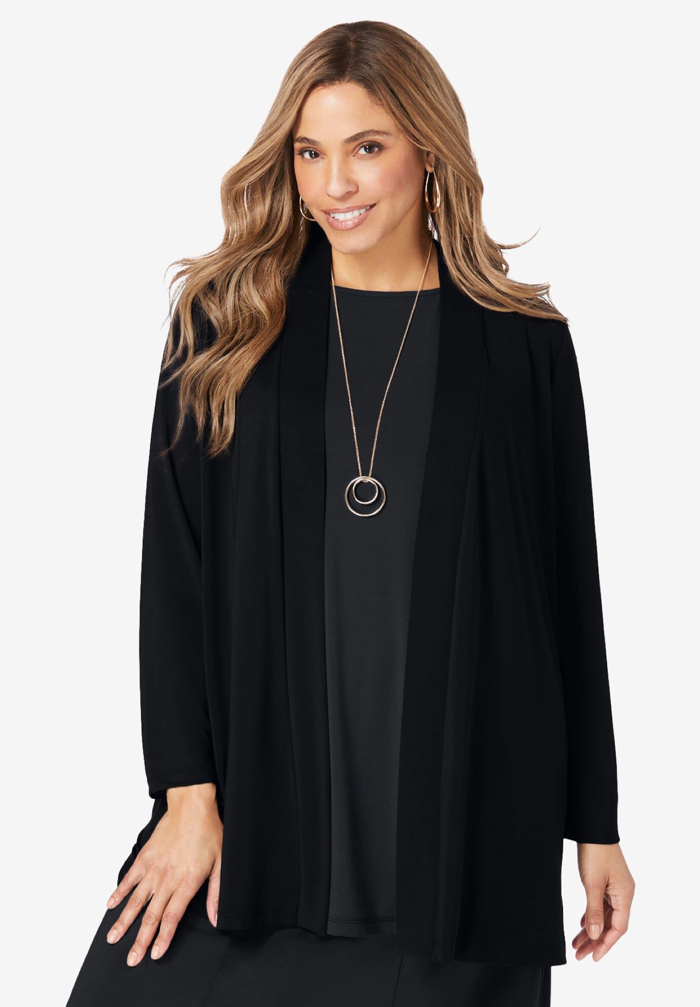 Stretch Knit Open Front Topper - Tulip Sleeves, Black | Woman Within