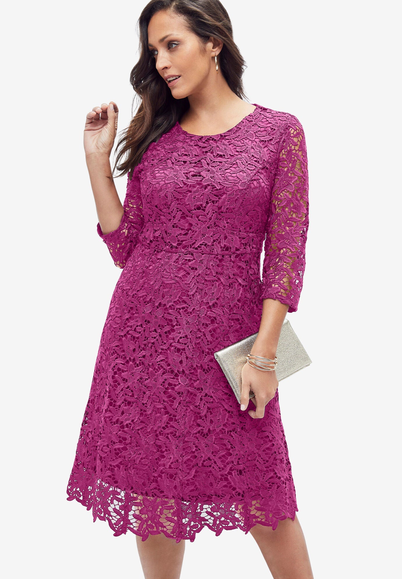 Lace Fit & Flare Dress - 3/4 Sleeve, Back Zipper, Raspberry | Woman Within