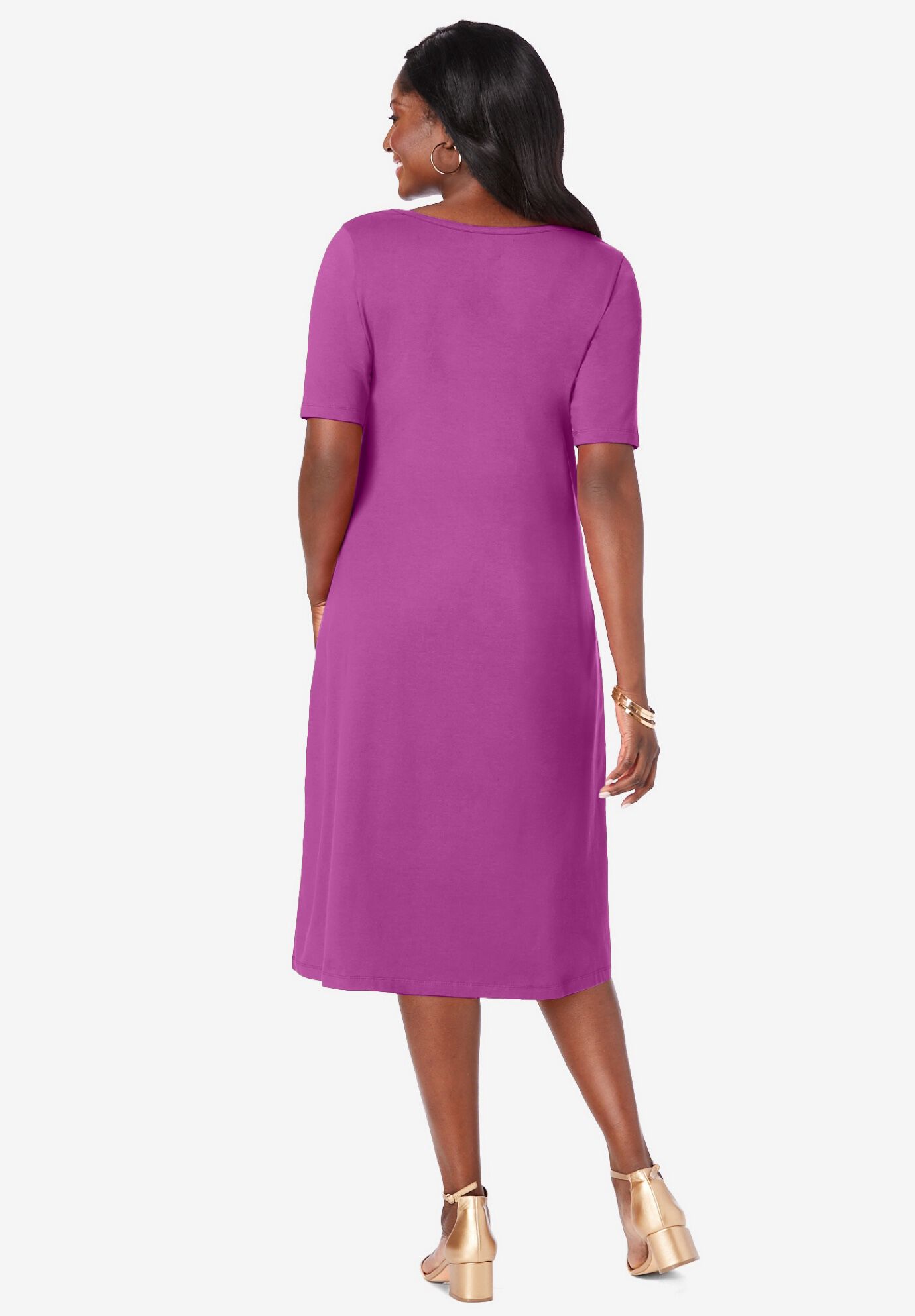 Cotton Square Neck Midi Dress with A-line, Deep Orchid | Woman Within