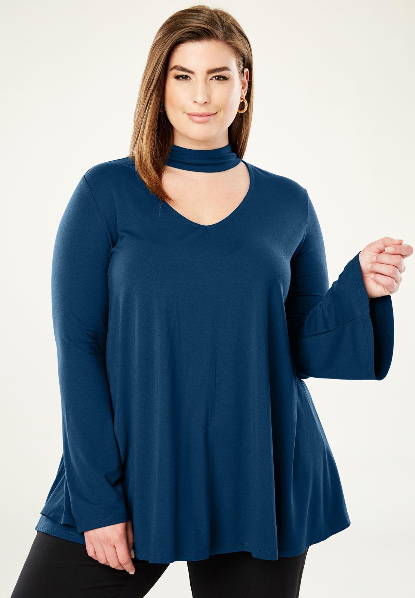 Banded Neck Tunic with Long Flare Sleeves | Woman Within