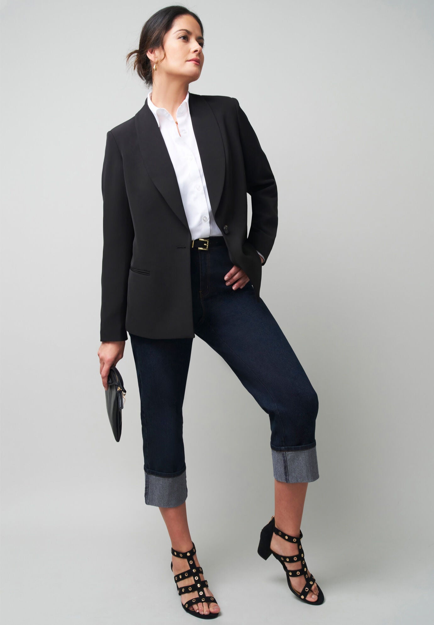 Cinch Back Bi-stretch Blazer with Shawl Collar, Black | Woman Within