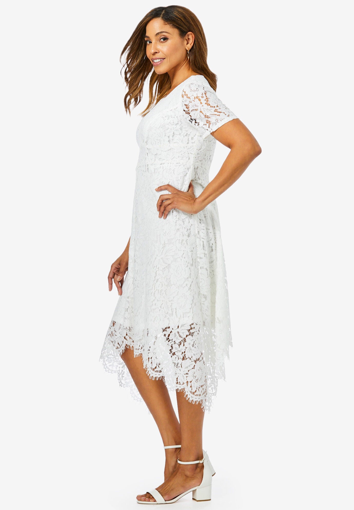Lace Handkerchief Dress - A-Line V-Neck Design, White | Woman Within
