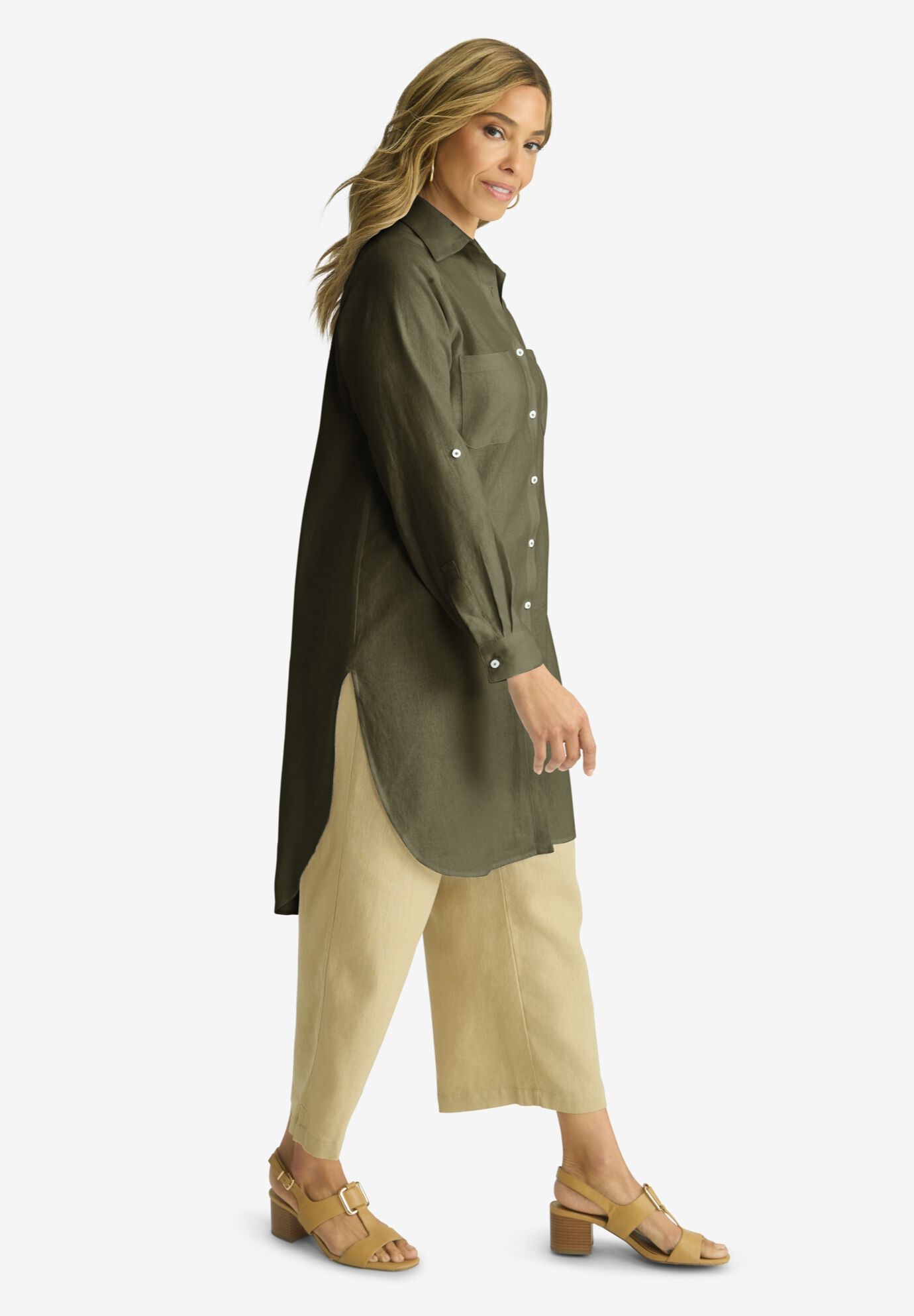 Linen Mega Tunic with 3/4 Roll-Tab Sleeves, Dark Olive Green | Woman Within