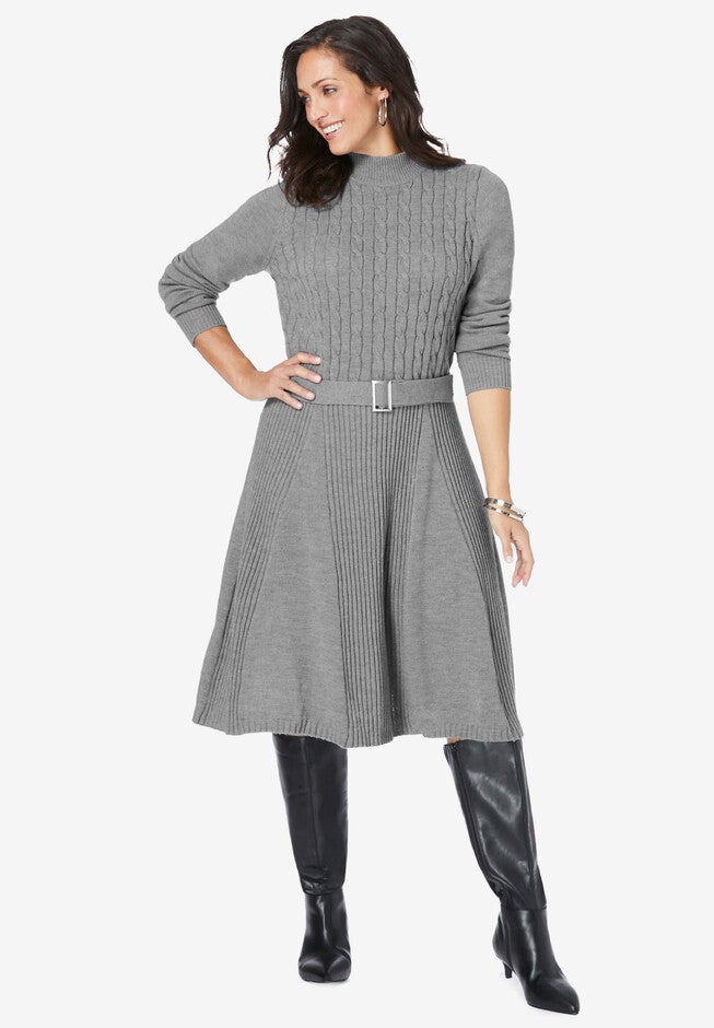 Belted Cable Sweater Dress With Pleats Medium Heather Grey Woman Within