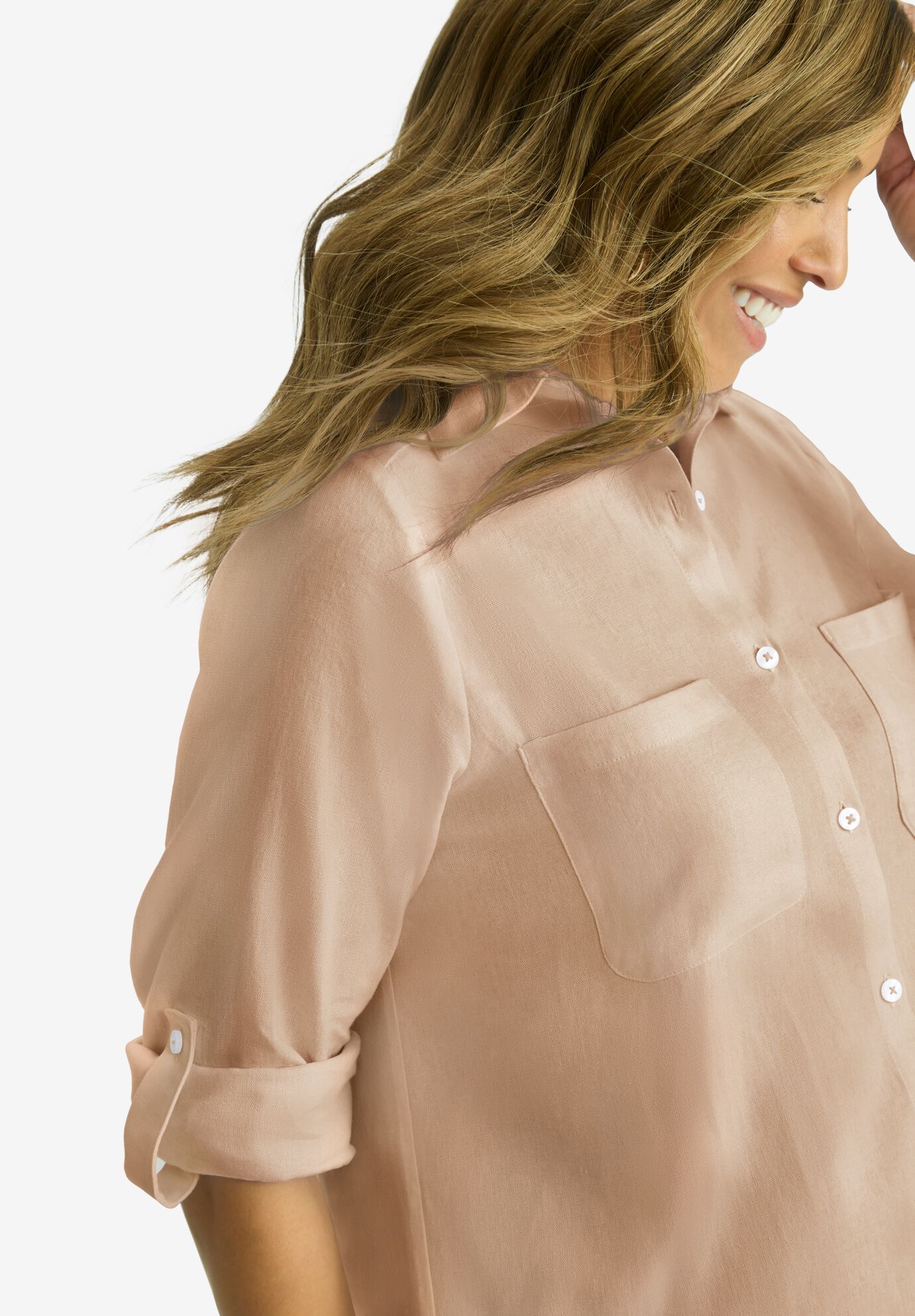 Linen Mega Tunic with 3/4 Roll-Tab Sleeves, New Khaki | Woman Within
