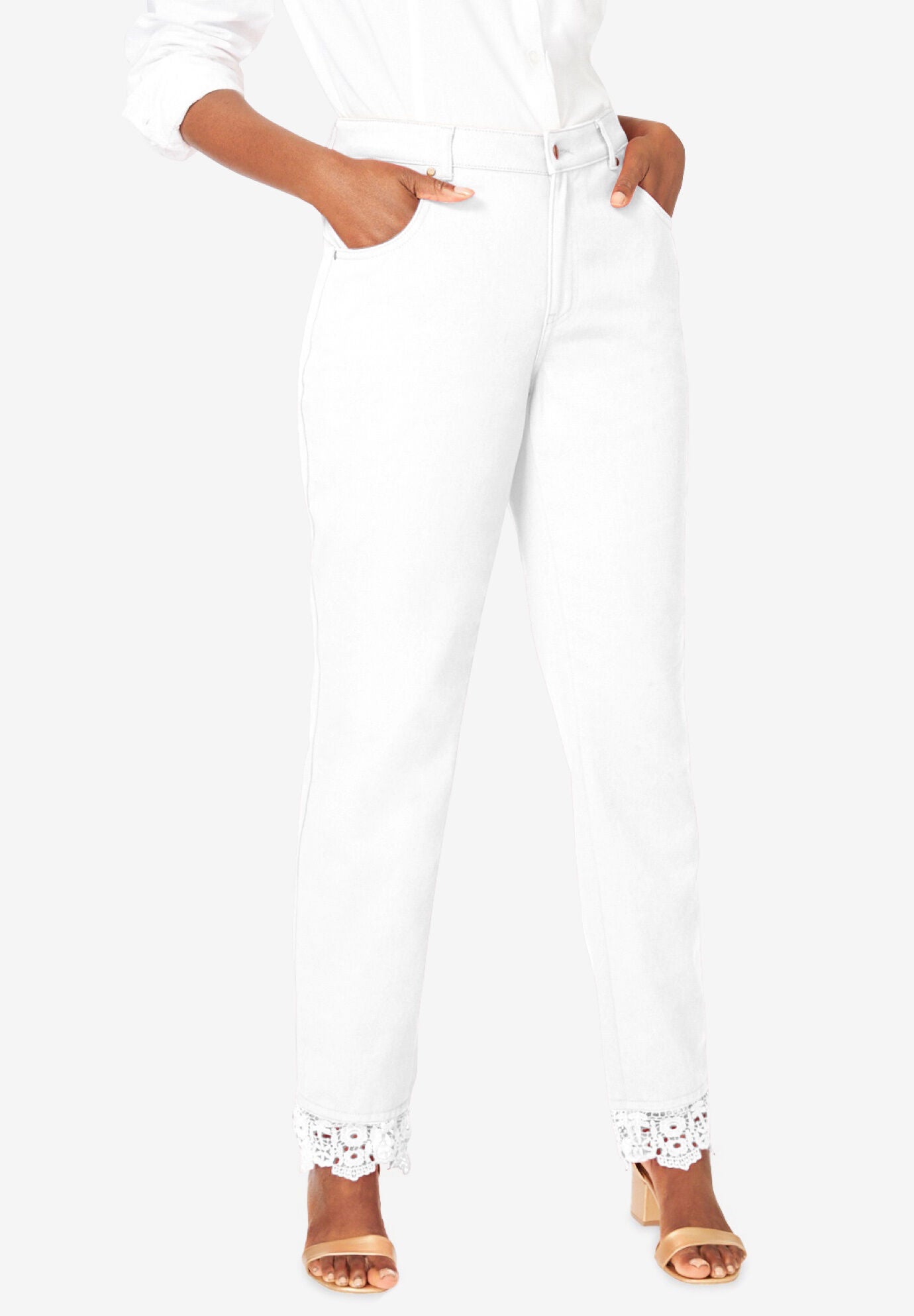Lace Trim Classic Denim Jean - Straight-Leg Fit, White | Woman Within