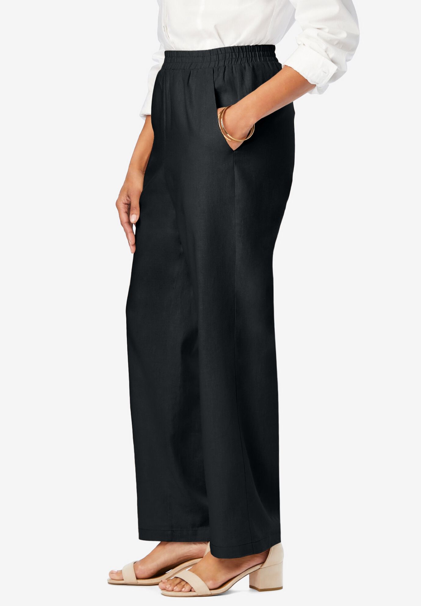 Lightweight Straight-Leg Linen Blend Pants, Black | Woman Within