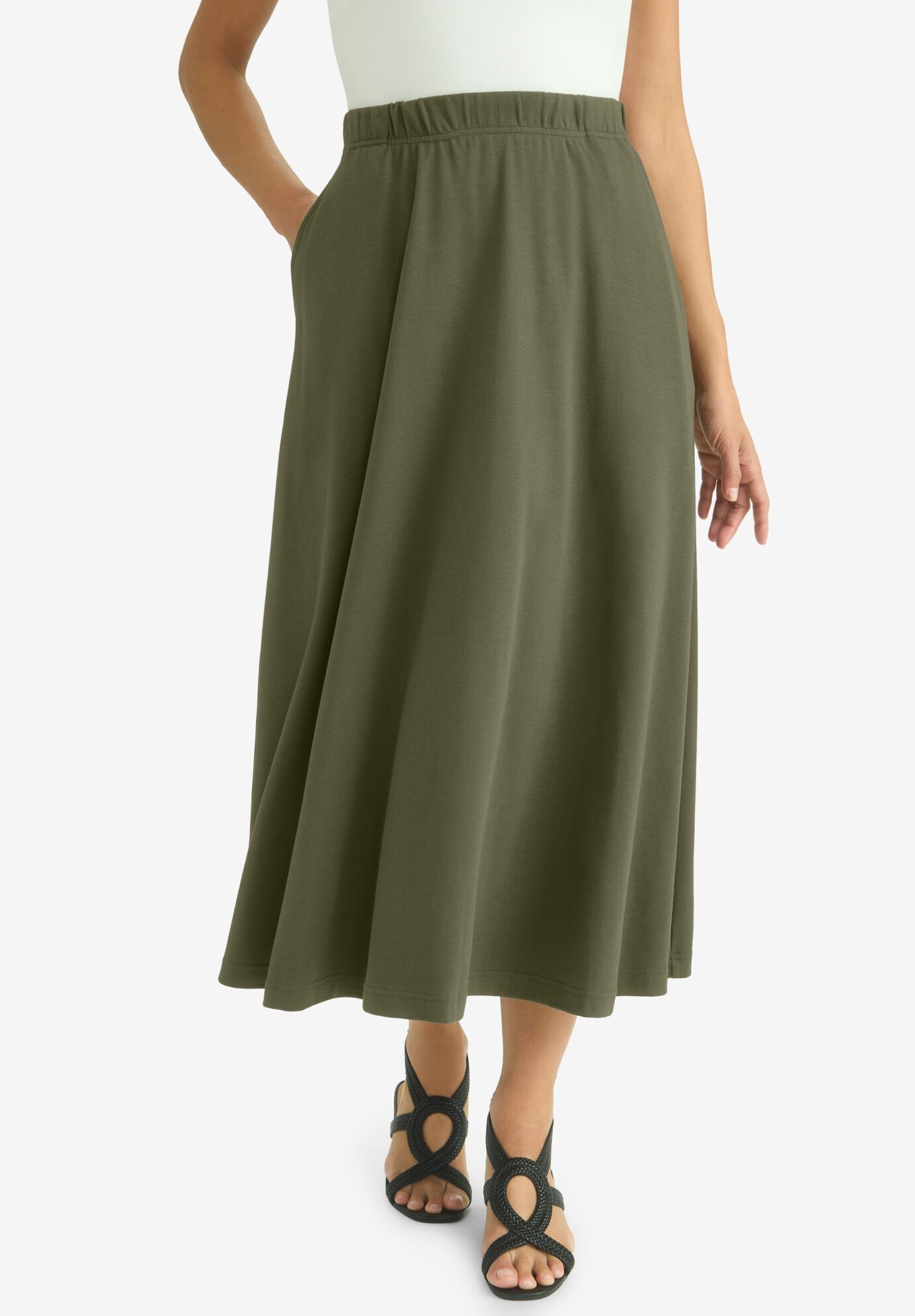 Soft Ease Midi Skirt A-Line Elastic Waist, Dark Olive Green | Woman Within