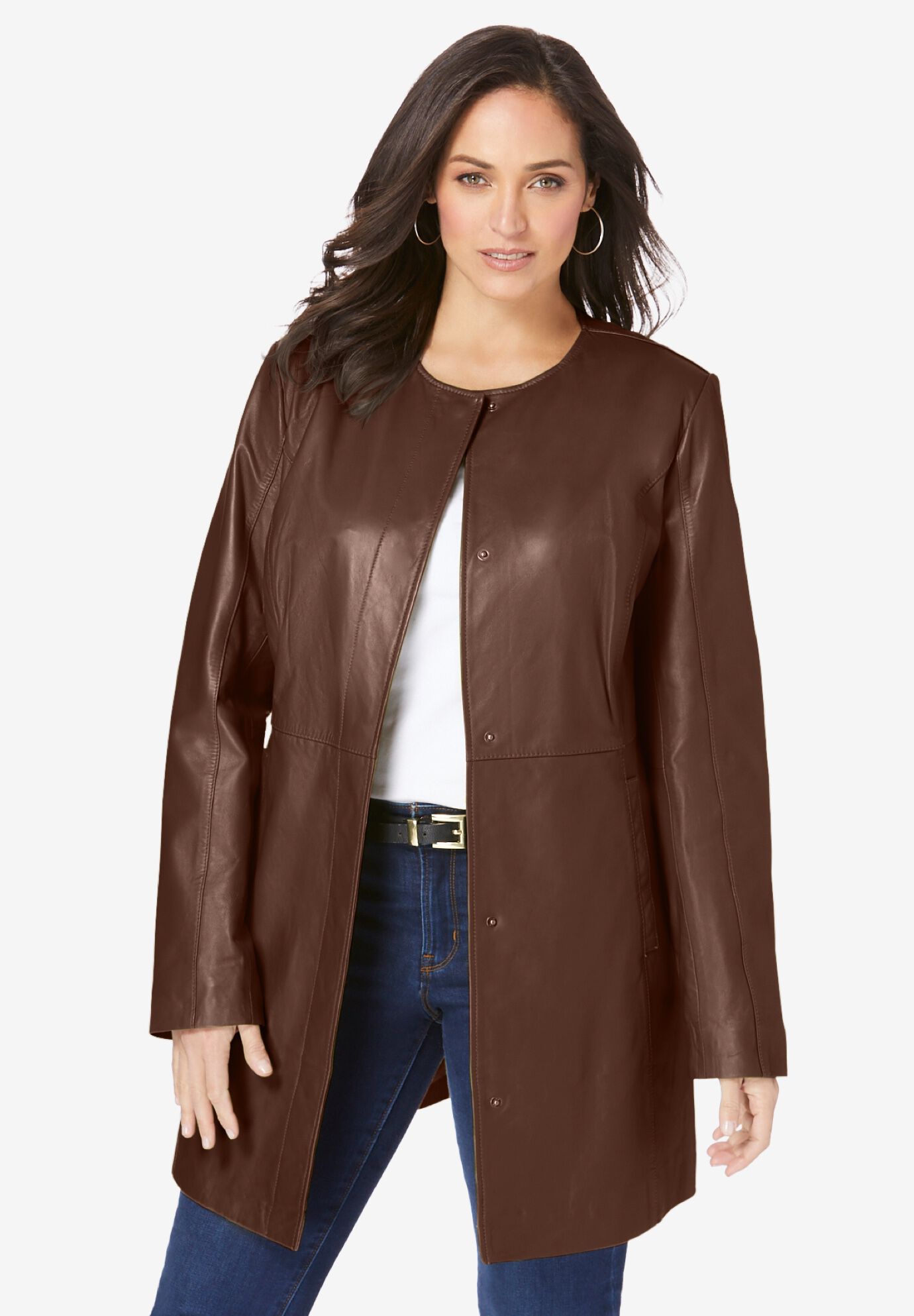 Plus Size Three-Quarter Leather Jacket, Rich Brown | Woman Within
