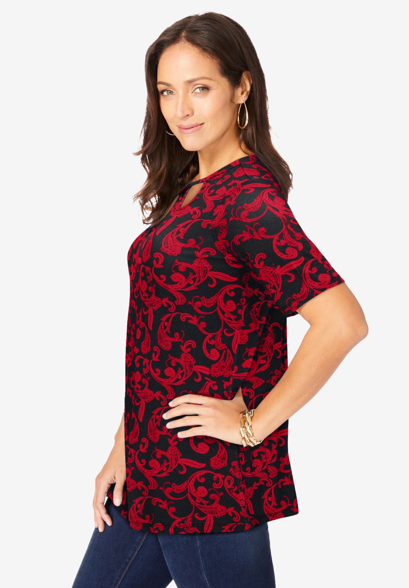 Stretch Knit Cutout Swing Tunic for Women, Brown Garden Paisley | Woman ...