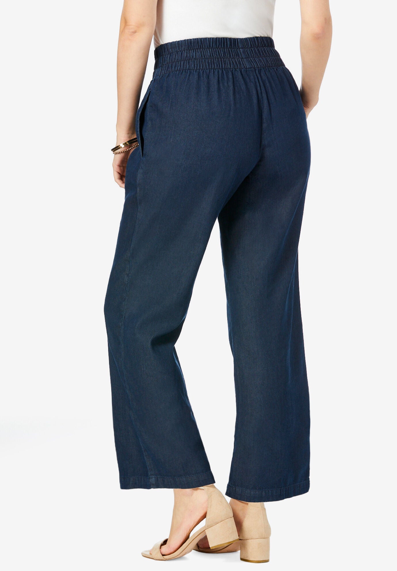 Wide Leg Chambray Pant with Elastic Waist, Indigo | Woman Within