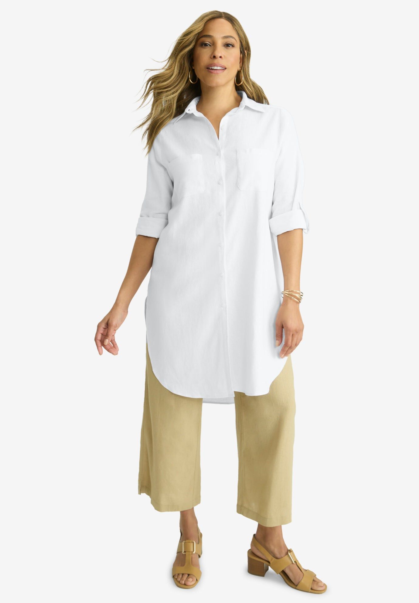 Linen Mega Tunic with 3/4 Roll-Tab Sleeves, White | Woman Within