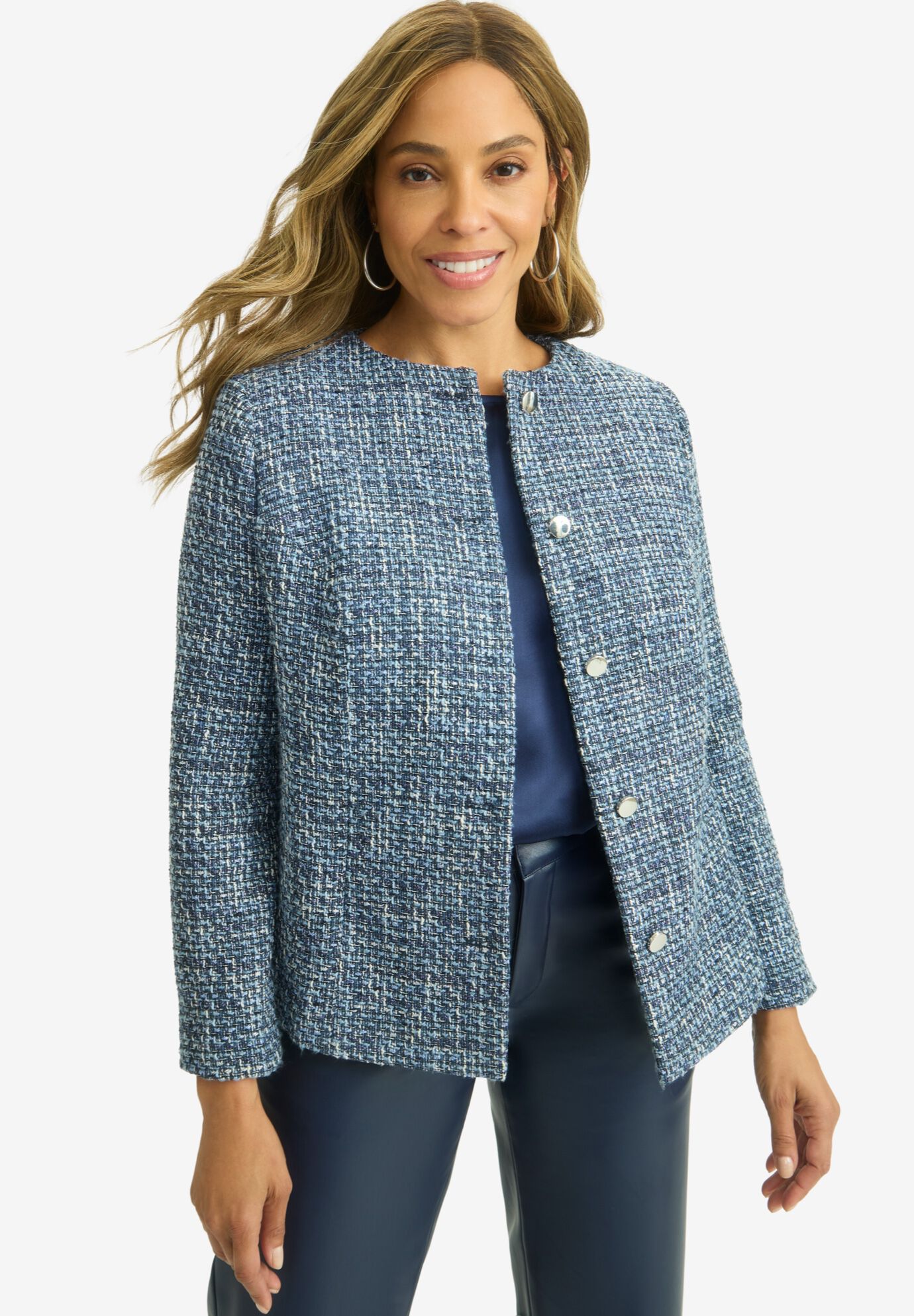 Tweed Lady Jacket - Timeless Chic Layer, Navy Tweed | Woman Within
