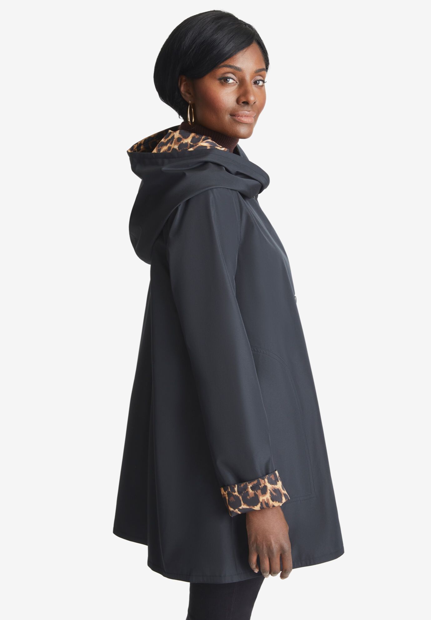 Reversible A-Line Hooded Raincoat, Camel Diamond Stripe | Woman Within