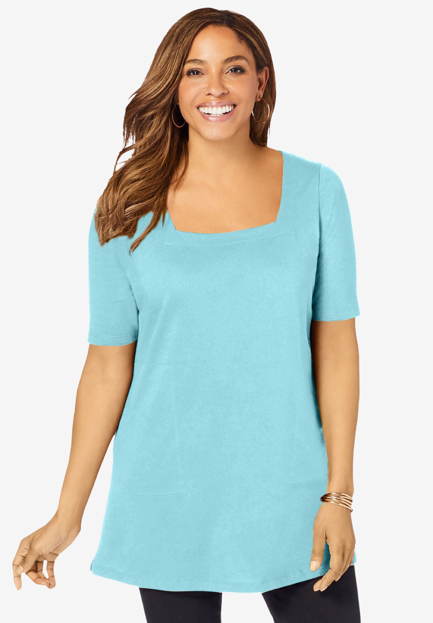 Stretch Cotton Square Neck Tunic Top, Light Aqua | Woman Within