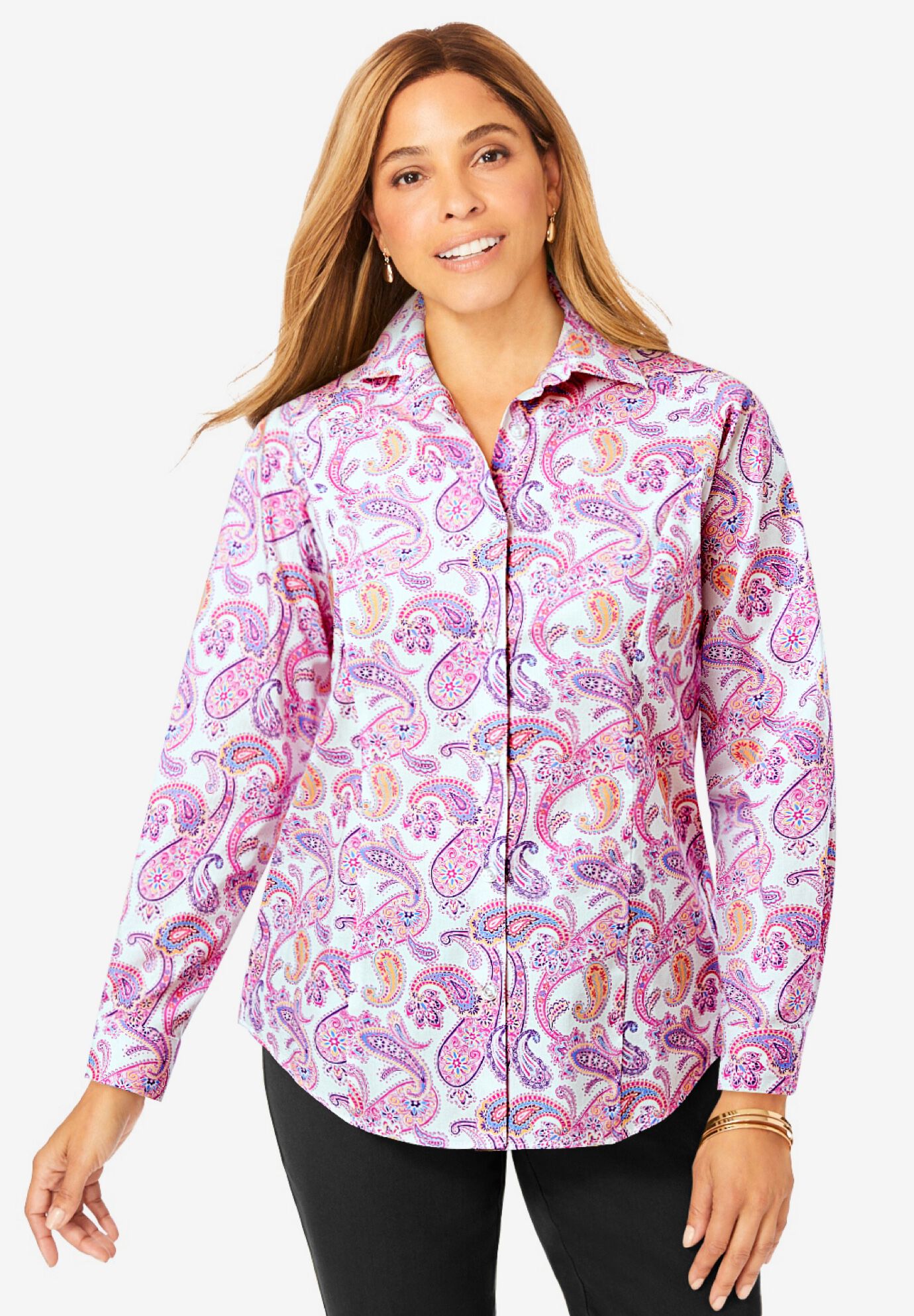 Stretch Cotton Poplin Shirt Button-Cuff Style, Pink Paisley | Woman Within